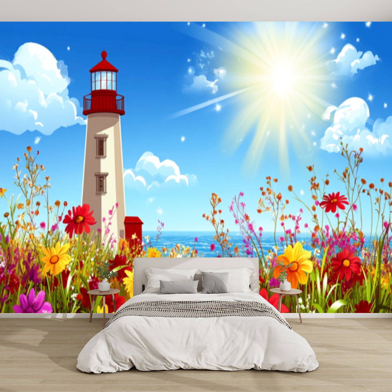 Modern Wallpaper Murals 3D Vibrant Coastal Lighthouse Illustration ...