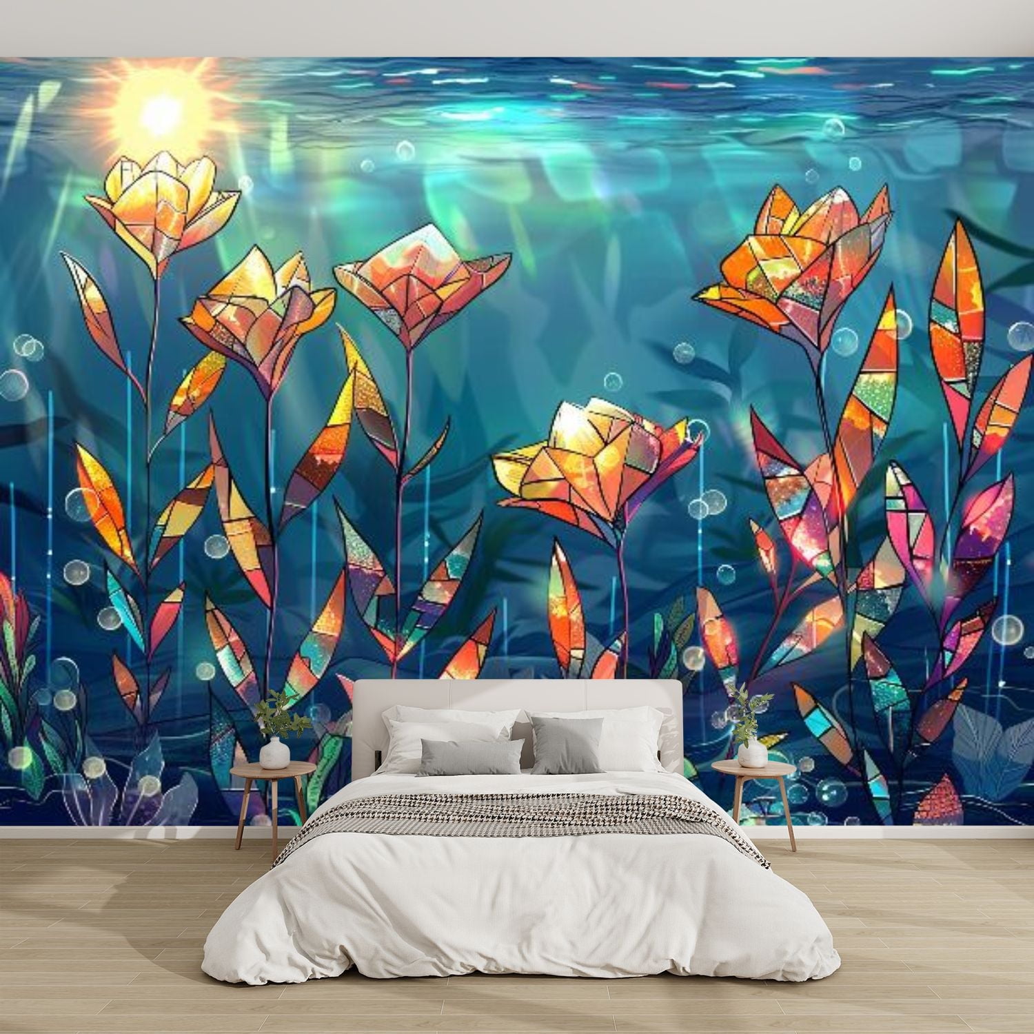 Modern Wallpaper Murals 3D Vibrant Undersea Flora Art Stylized Stained ...