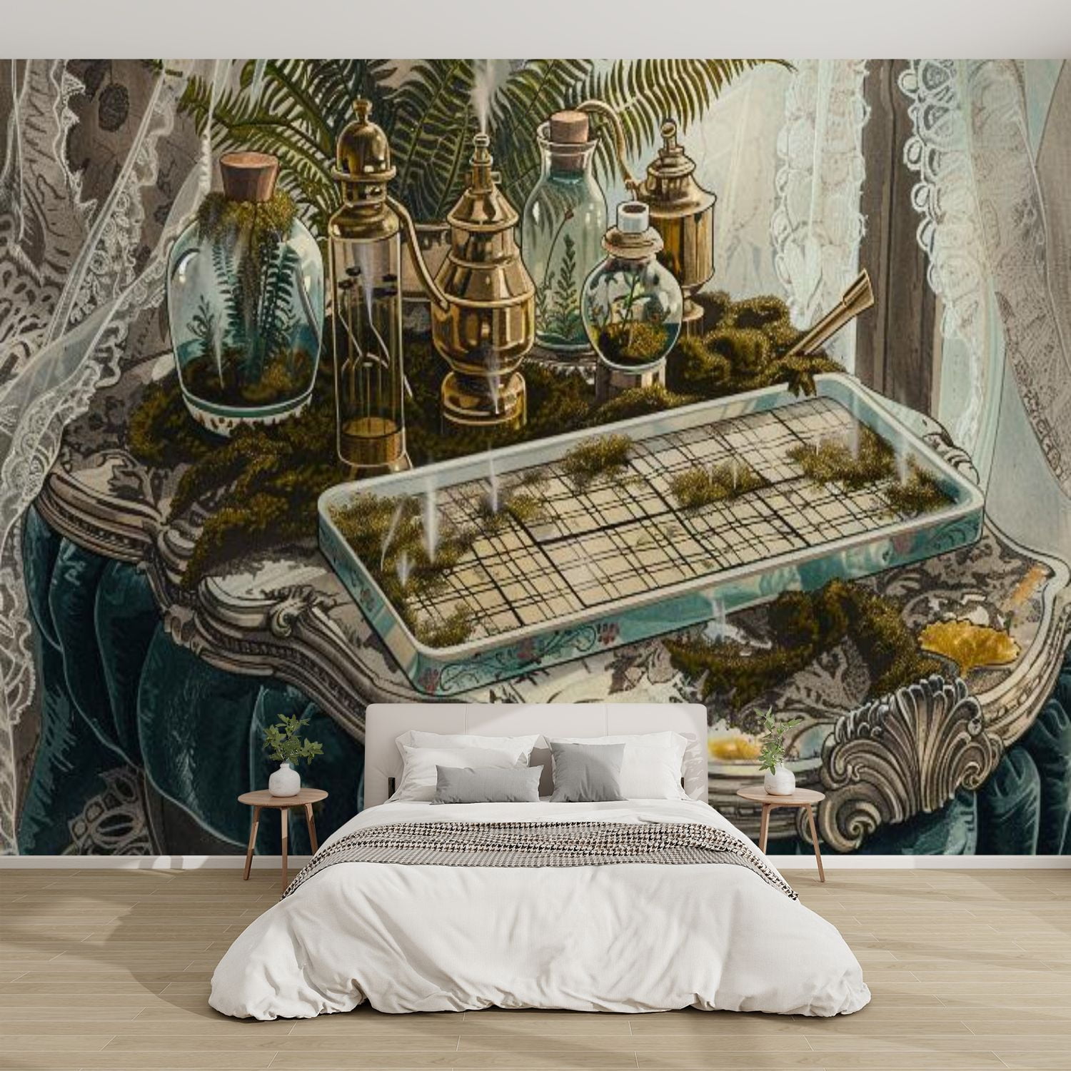 Modern Wallpaper Murals 3D Victorian Velvet Table Vintage Brass Plant ...