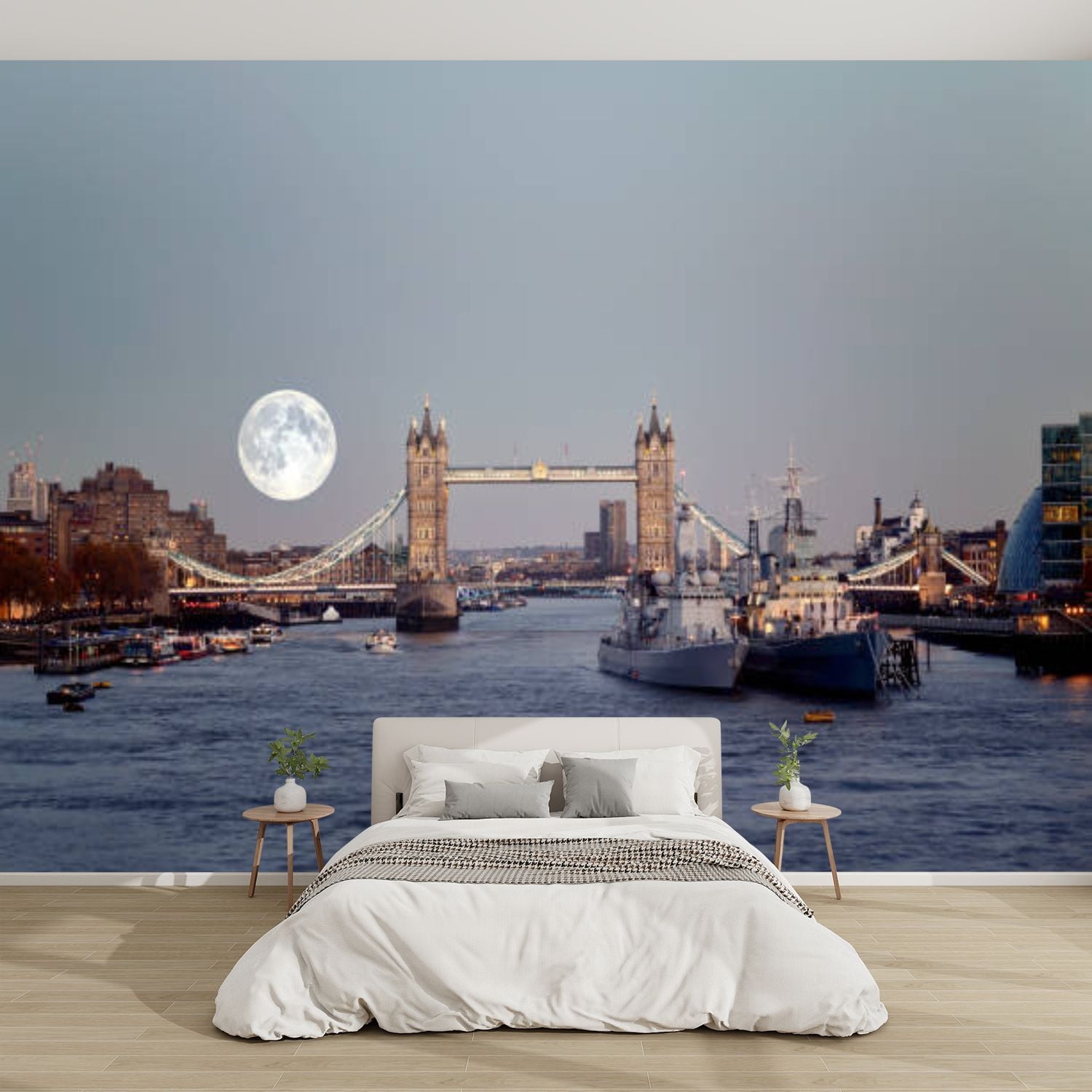 Modern Wallpaper Murals 3D View Tower Bridge skyline Full Moon Peel and ...