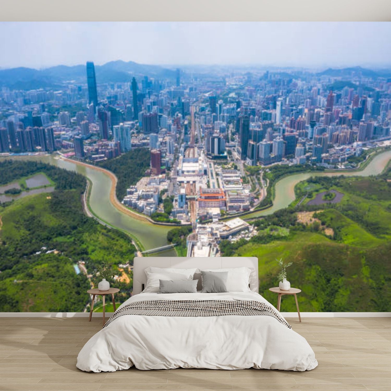 Modern Wallpaper Murals 3D View skylines Lo Wu Hong Kong China Peel and ...