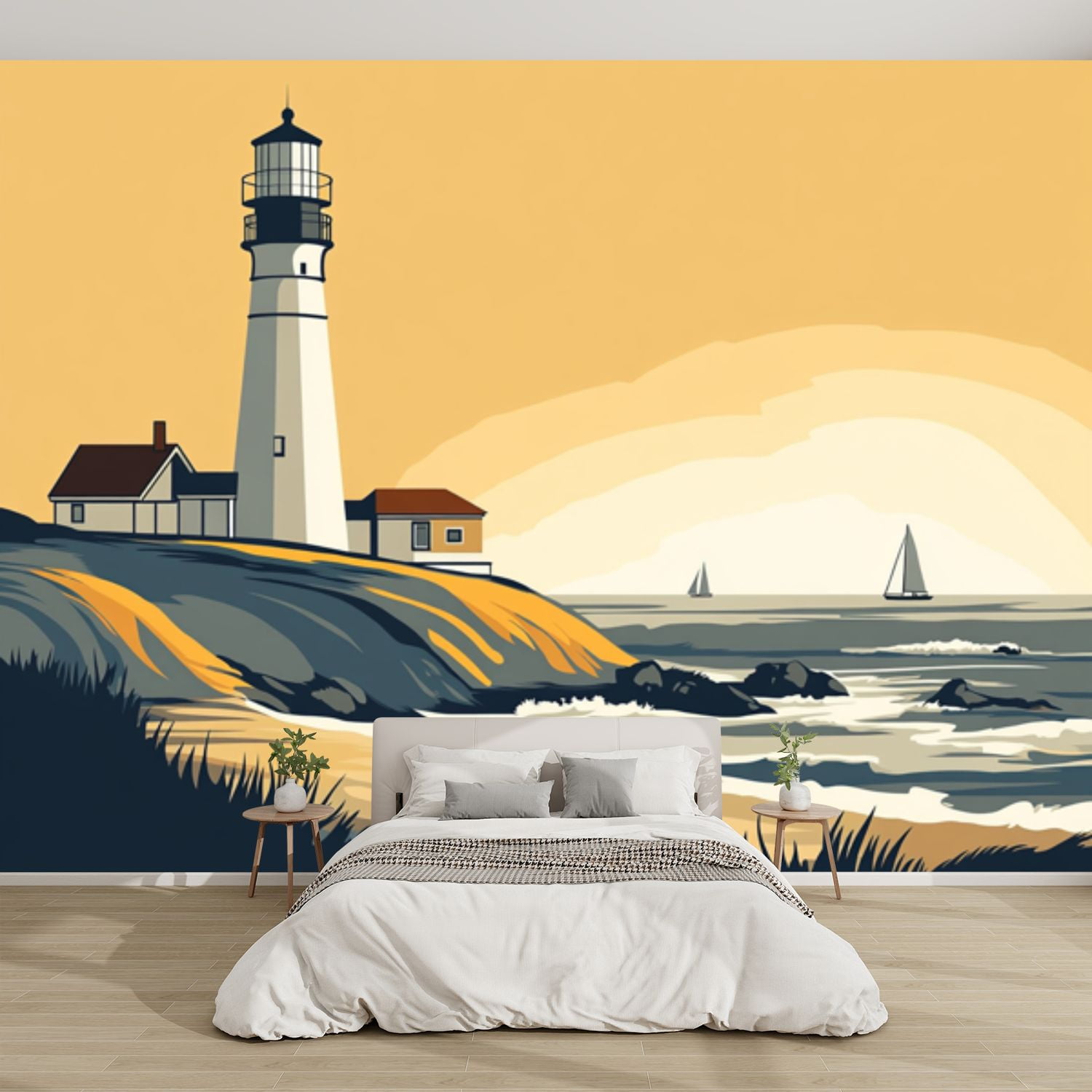 Modern Wallpaper Murals 3D Vintage Postcard Lighthouse Sunset Peel and ...