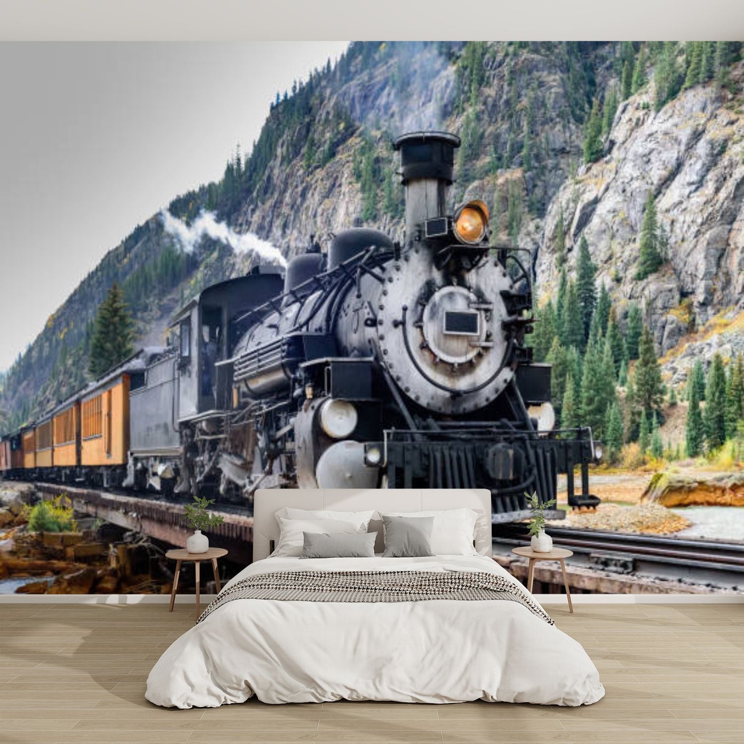 Modern Wallpaper Murals 3D Vintage Train Crossing River Colorado Peel ...