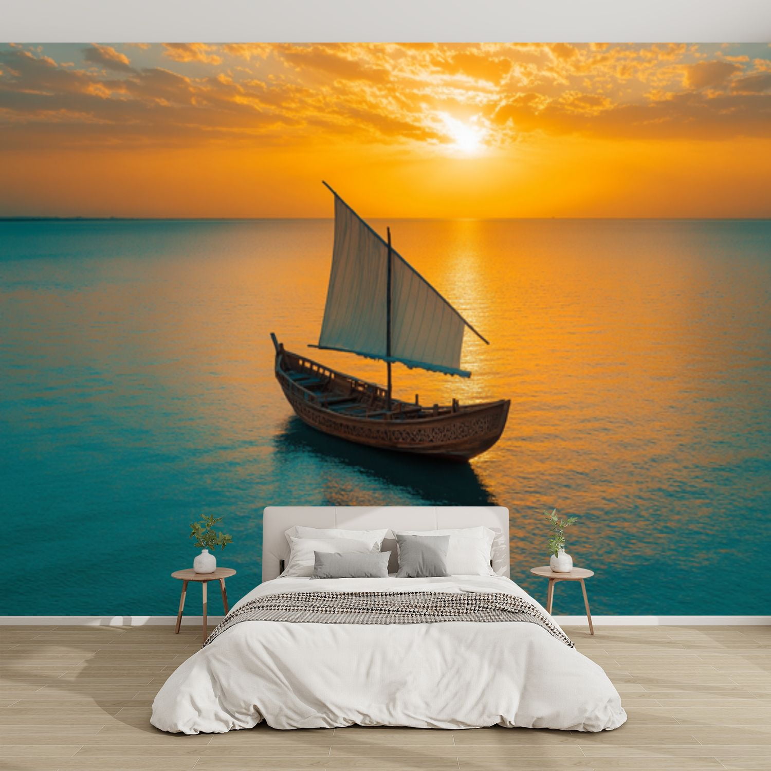 Modern Wallpaper Murals 3D Vintage Wooden Boat Sailing Sunset Calming ...