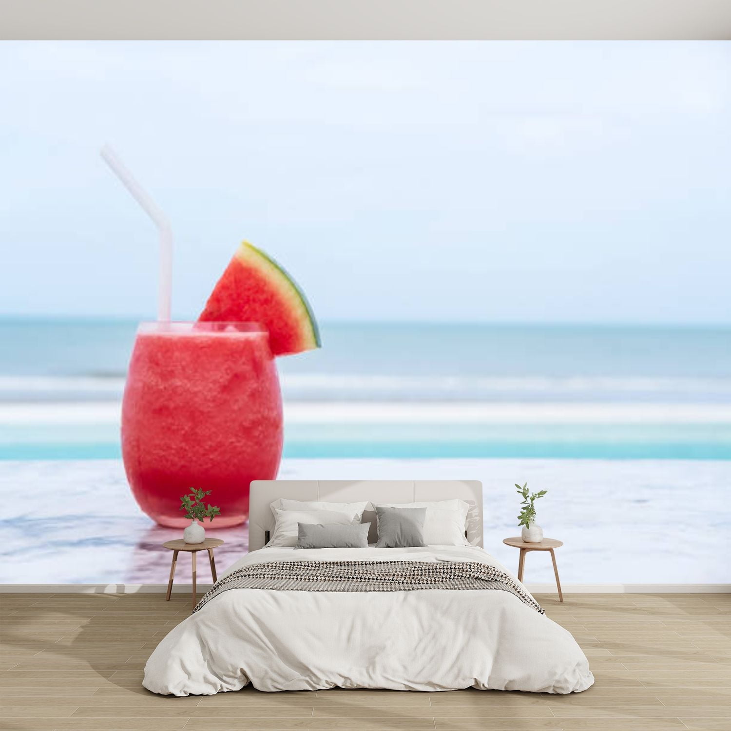 Modern Wallpaper Murals 3D Watermelon smoothie blue tropical beach ...