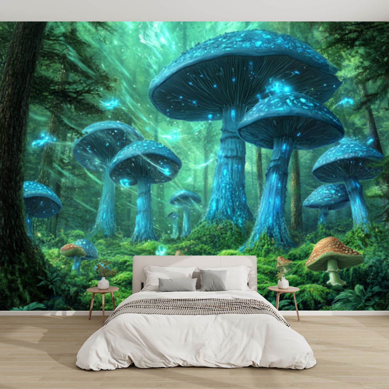 Modern Wallpaper Murals 3D Whimsical Forest Scene Blue Tinged Mushrooms Ethereal Light Peel and ...