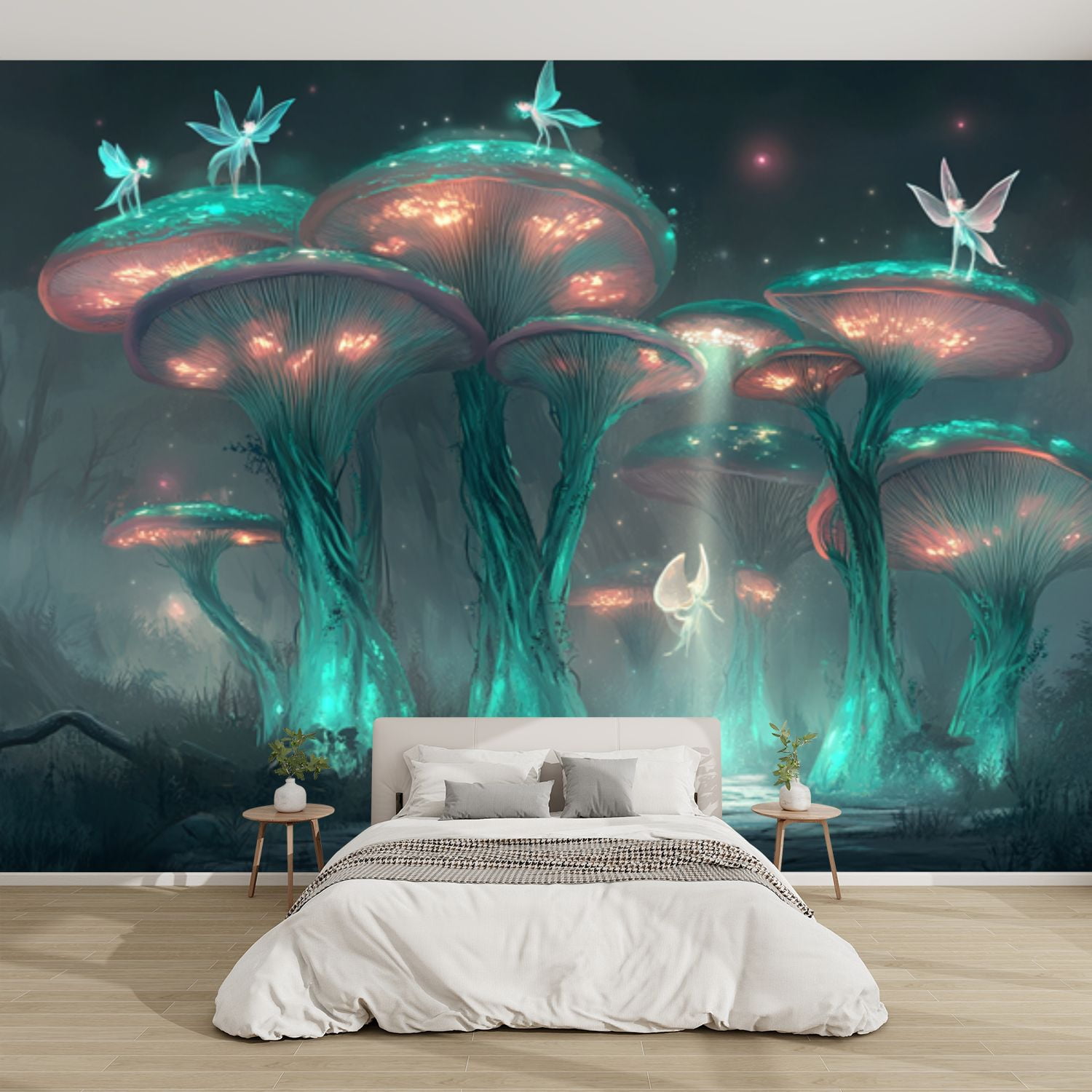 Modern Wallpaper Murals 3D Whimsical High Luminescent Mushrooms Fairies ...