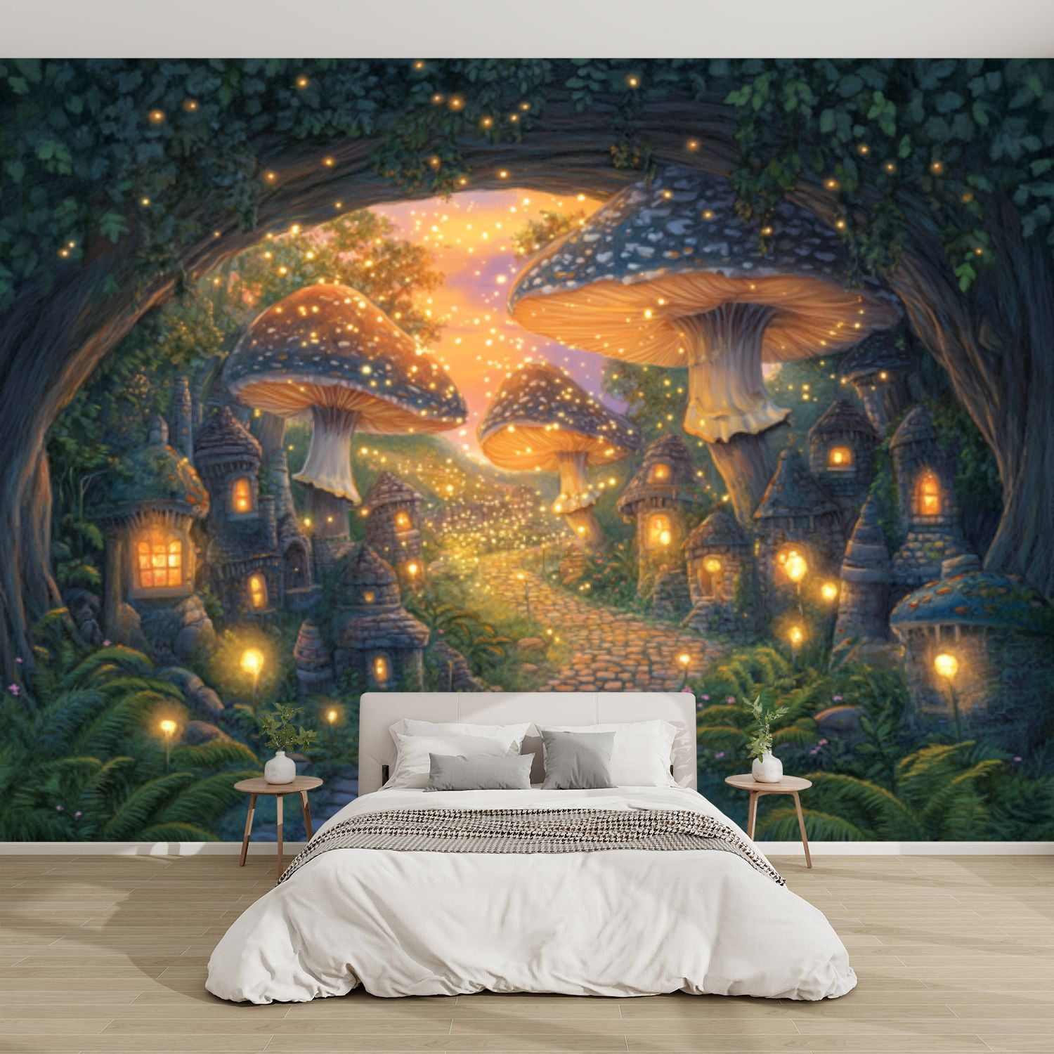 Modern Wallpaper Murals 3D Whimsical Mushroom Forest Hidden Villages ...