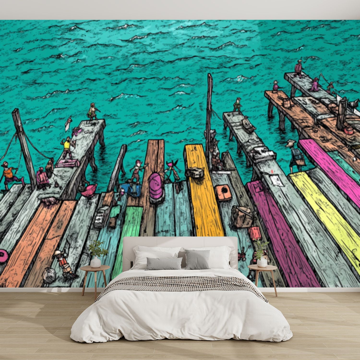 Modern Wallpaper Murals 3D Whimsical Seaside Scene Exaggerated Wooden ...