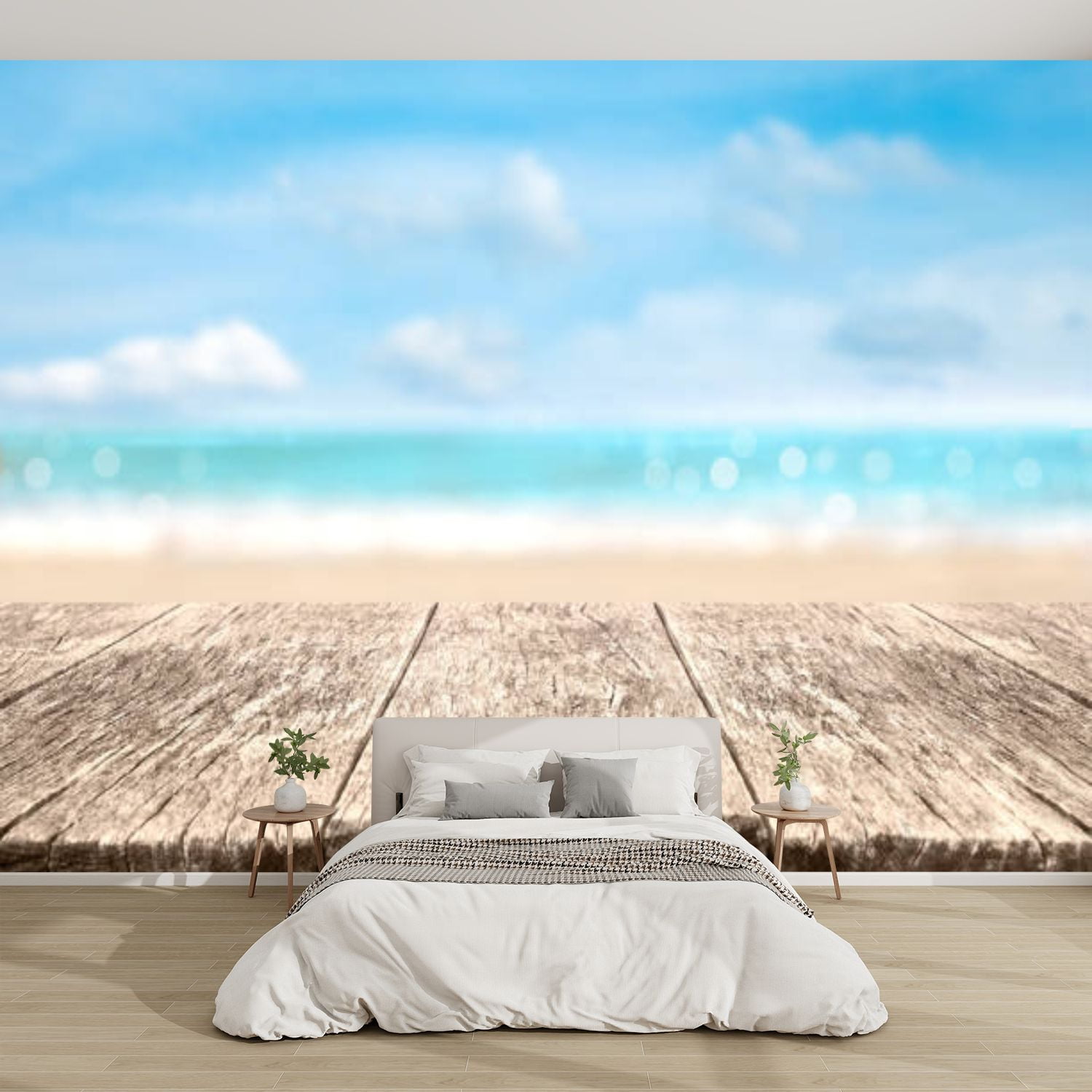 Modern Wallpaper Murals 3D Wood table sea beach summer day Peel and ...