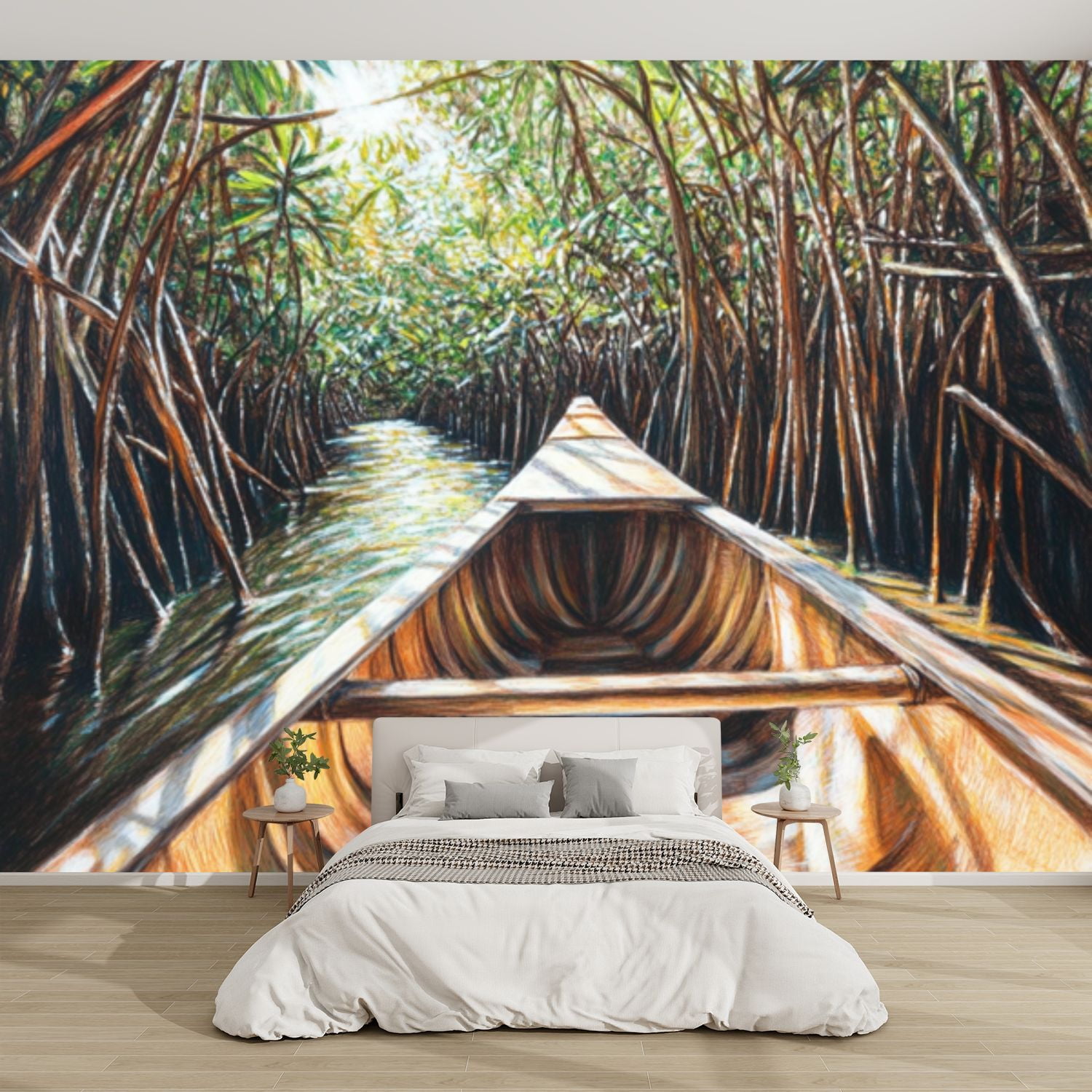 Modern Wallpaper Murals 3D Wooden Canoe Artwork Mangrove Setting Peel ...