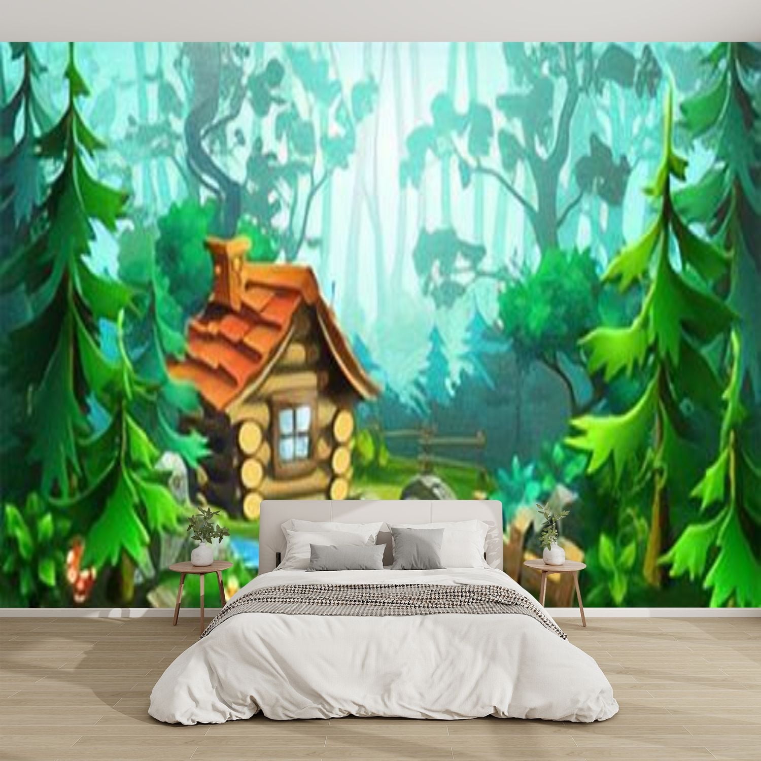 Modern Wallpaper Murals 3D Wooden house forest Scene deciduous trees ...