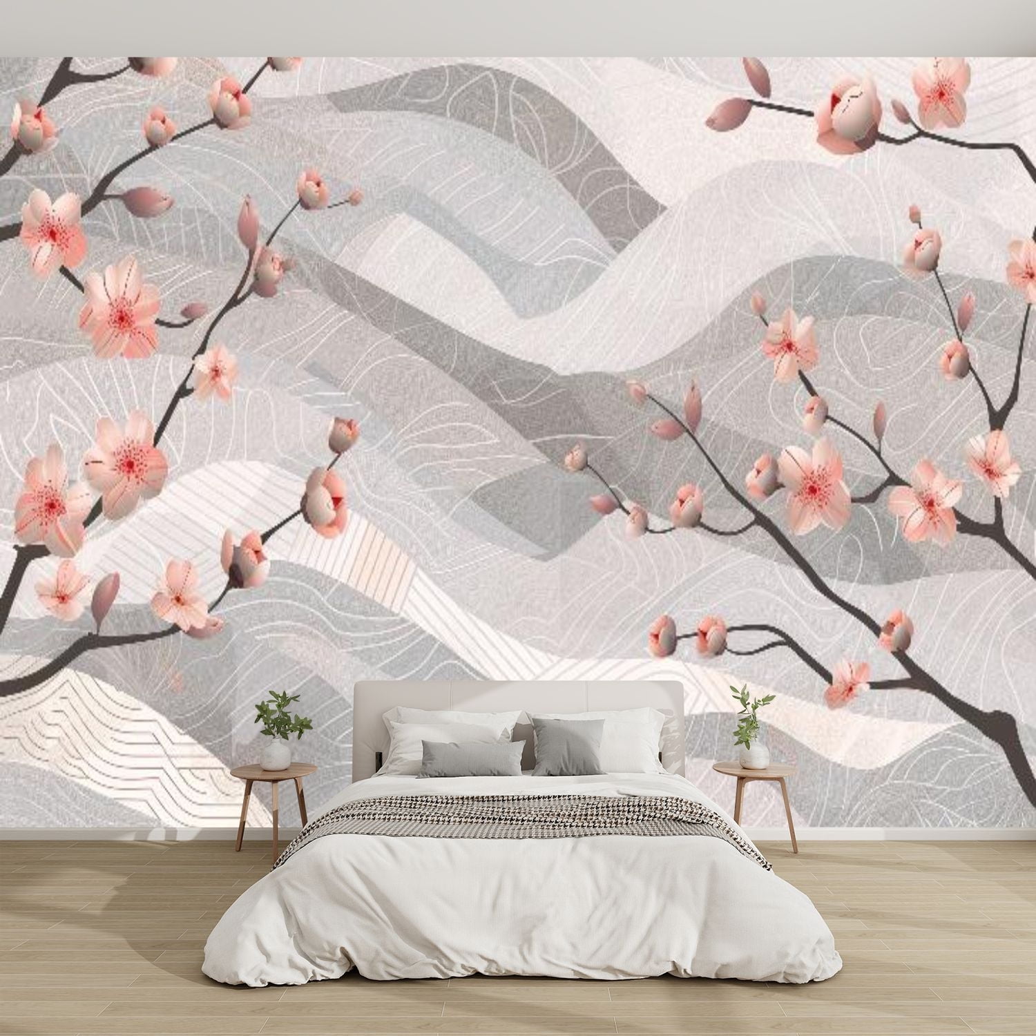 Modern Wallpaper Murals 3D Zen Garden Geometric Cherry Blossoms Peel ...