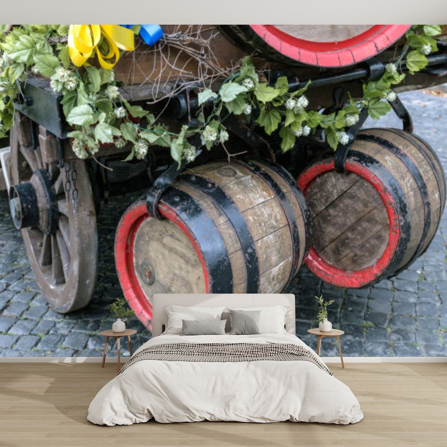 Modern Wallpaper Murals 3D barrels beer behind cart Peel and Stick ...