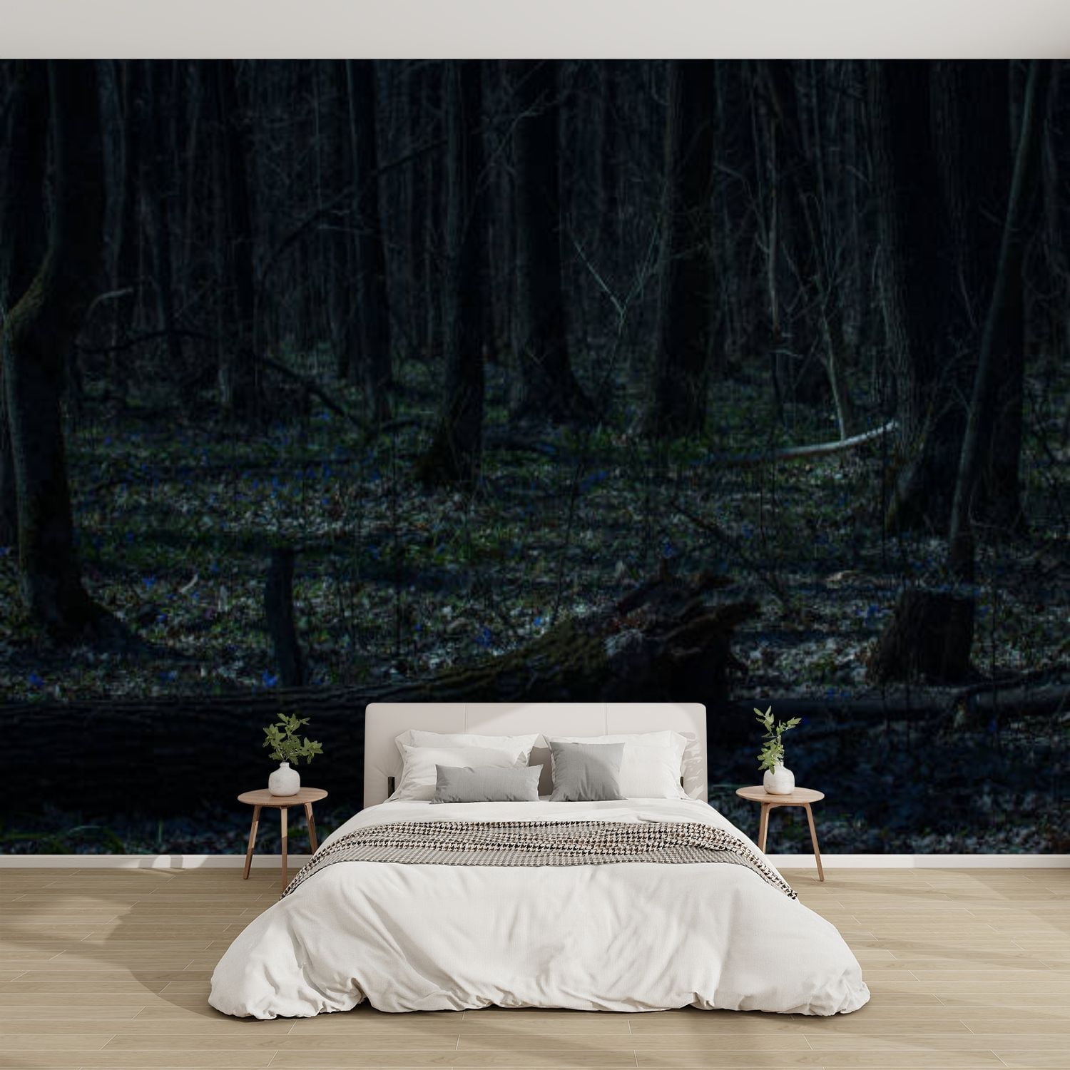 Modern Wallpaper Murals 3D dark moss covered log lies night forest Peel ...