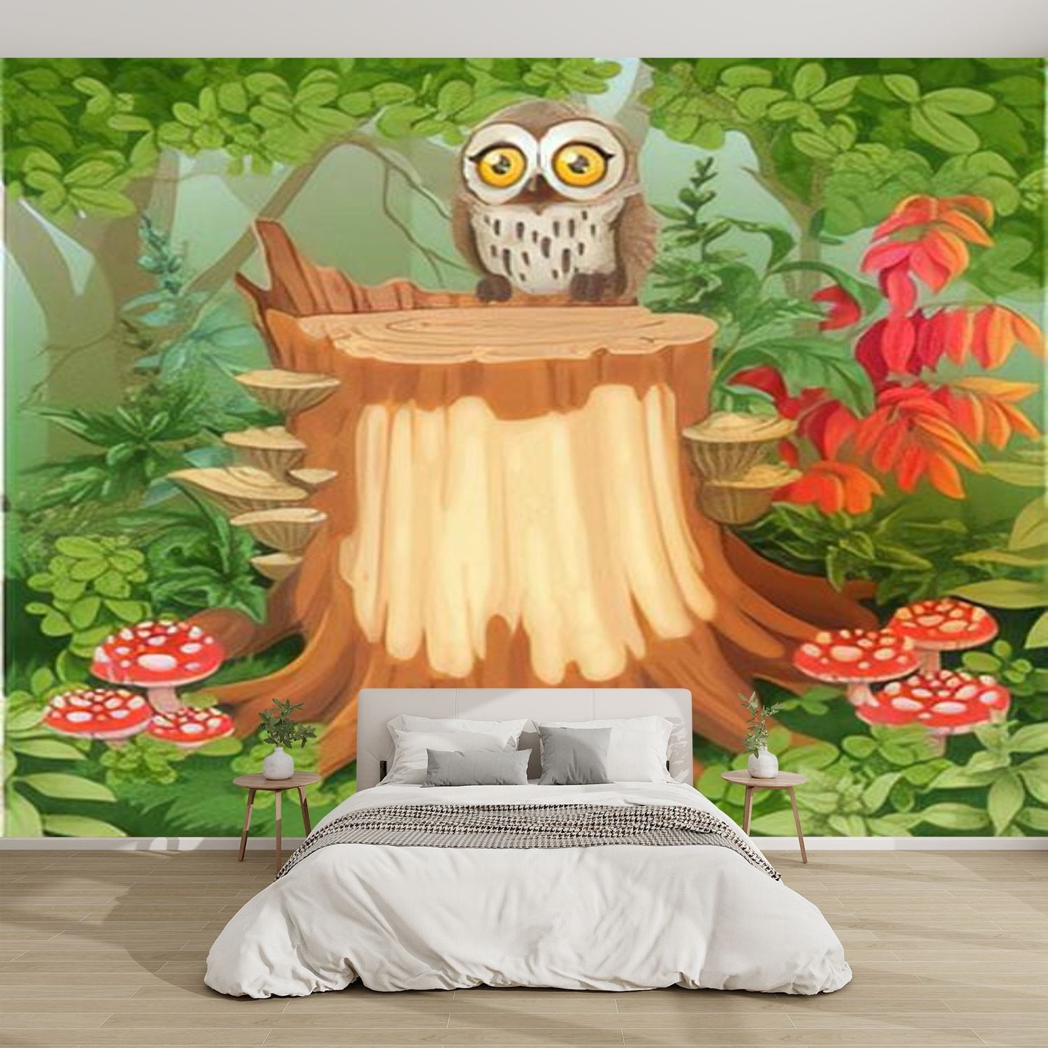 Modern Wallpaper Murals 3D forest cute owl sitting stump surrounded by ...