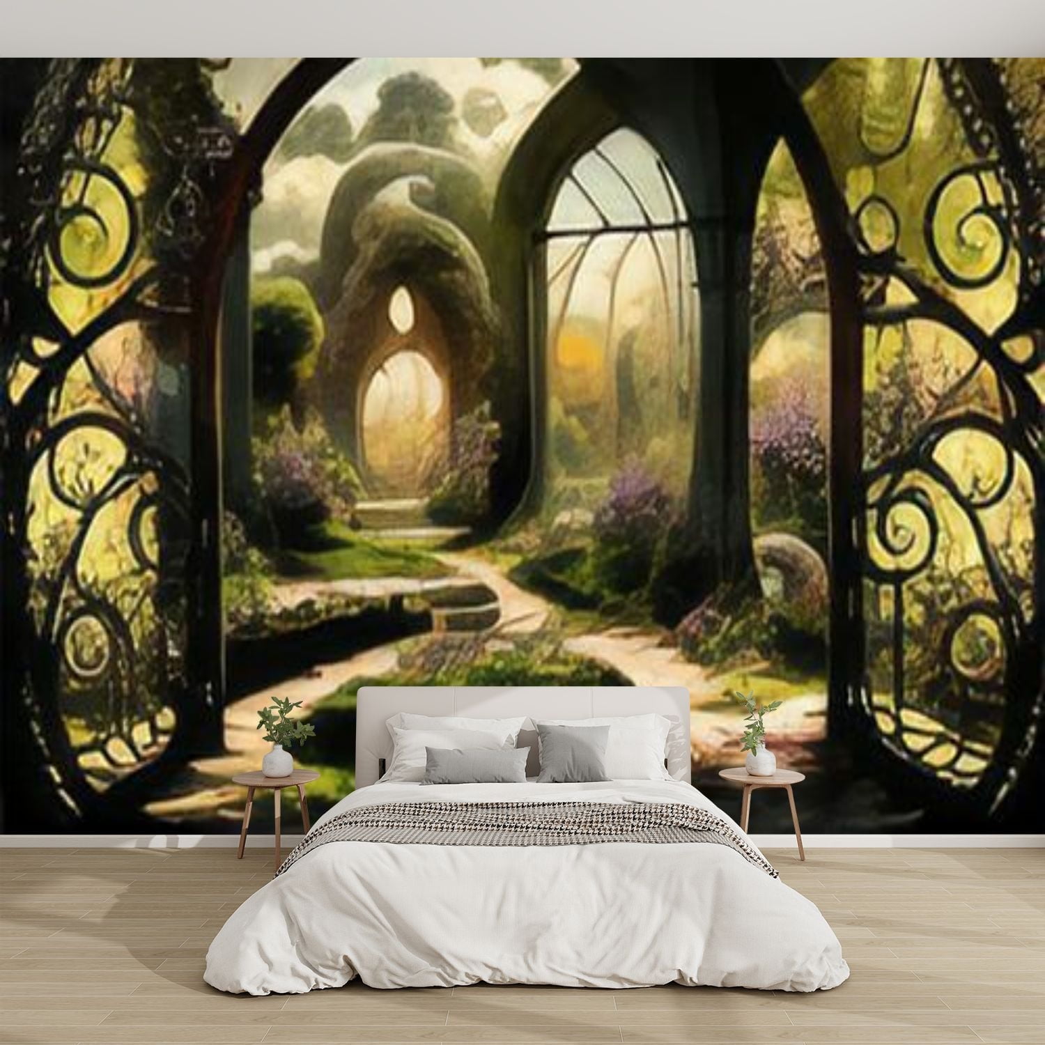 Modern Wallpaper Murals 3D garden wrought iron gate colorful flowering ...