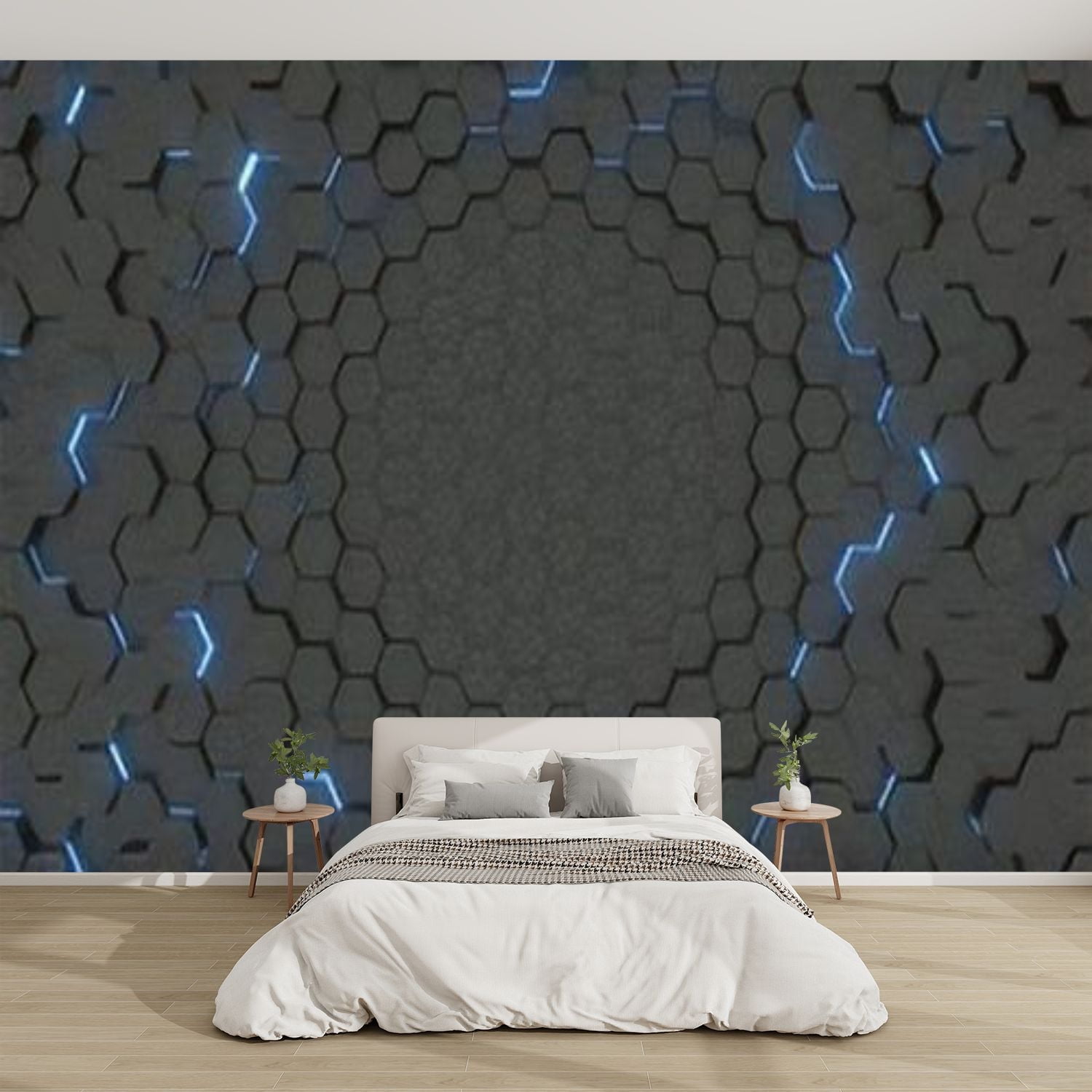 Modern Wallpaper Murals 3D glowing blue hexagonal honeycomb Peel and ...