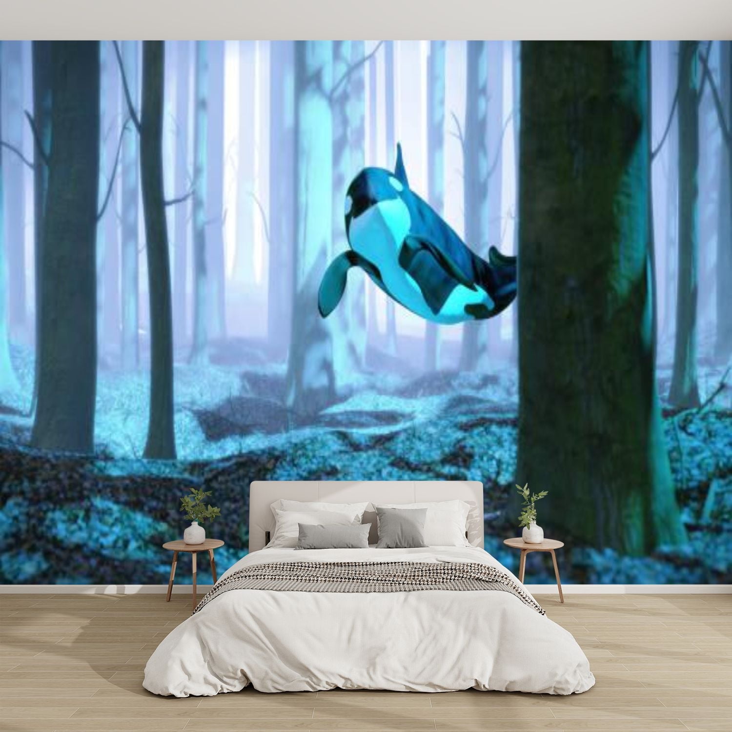 Modern Wallpaper Murals 3D killer whale swimming forest orca foggy ...