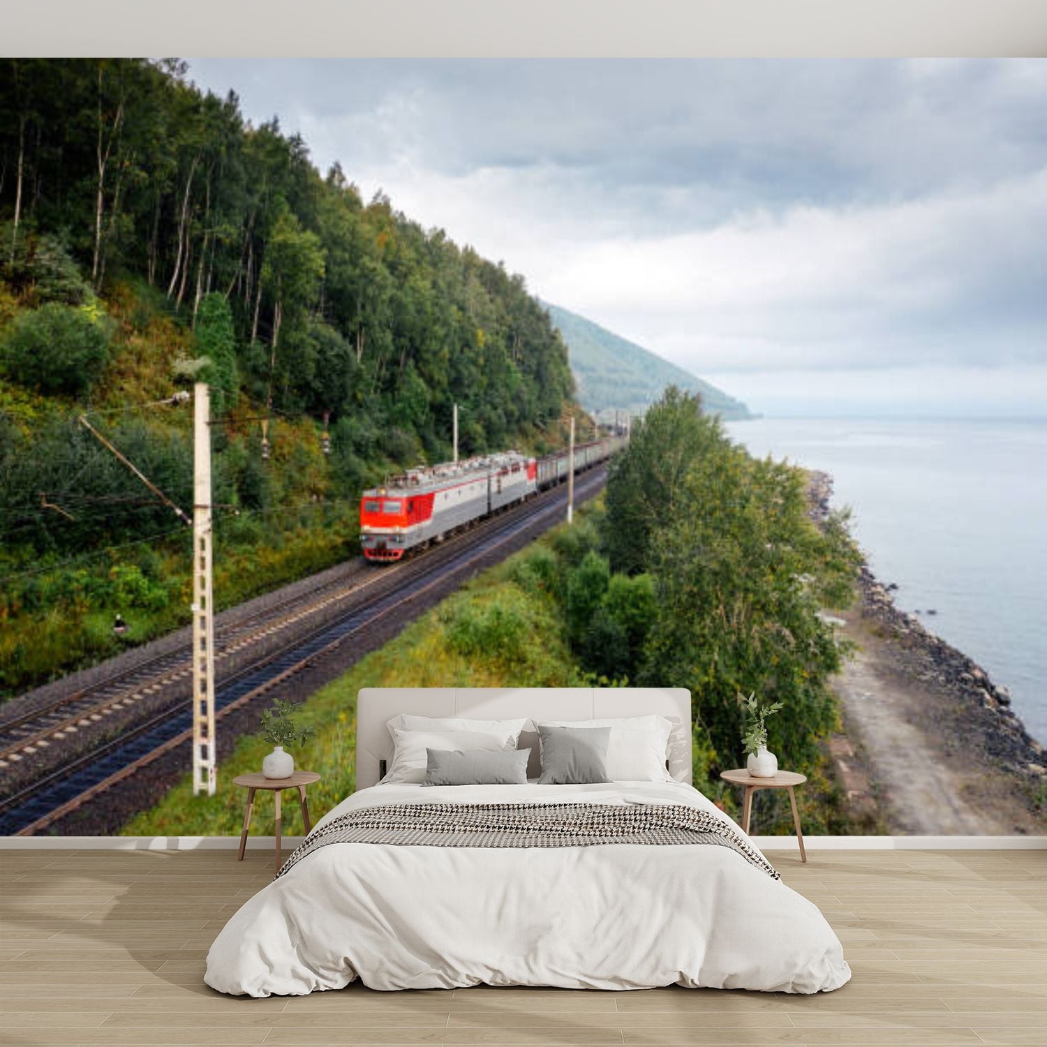 Modern Wallpaper Murals 3D railroad Siberian Railway shore Lake green ...