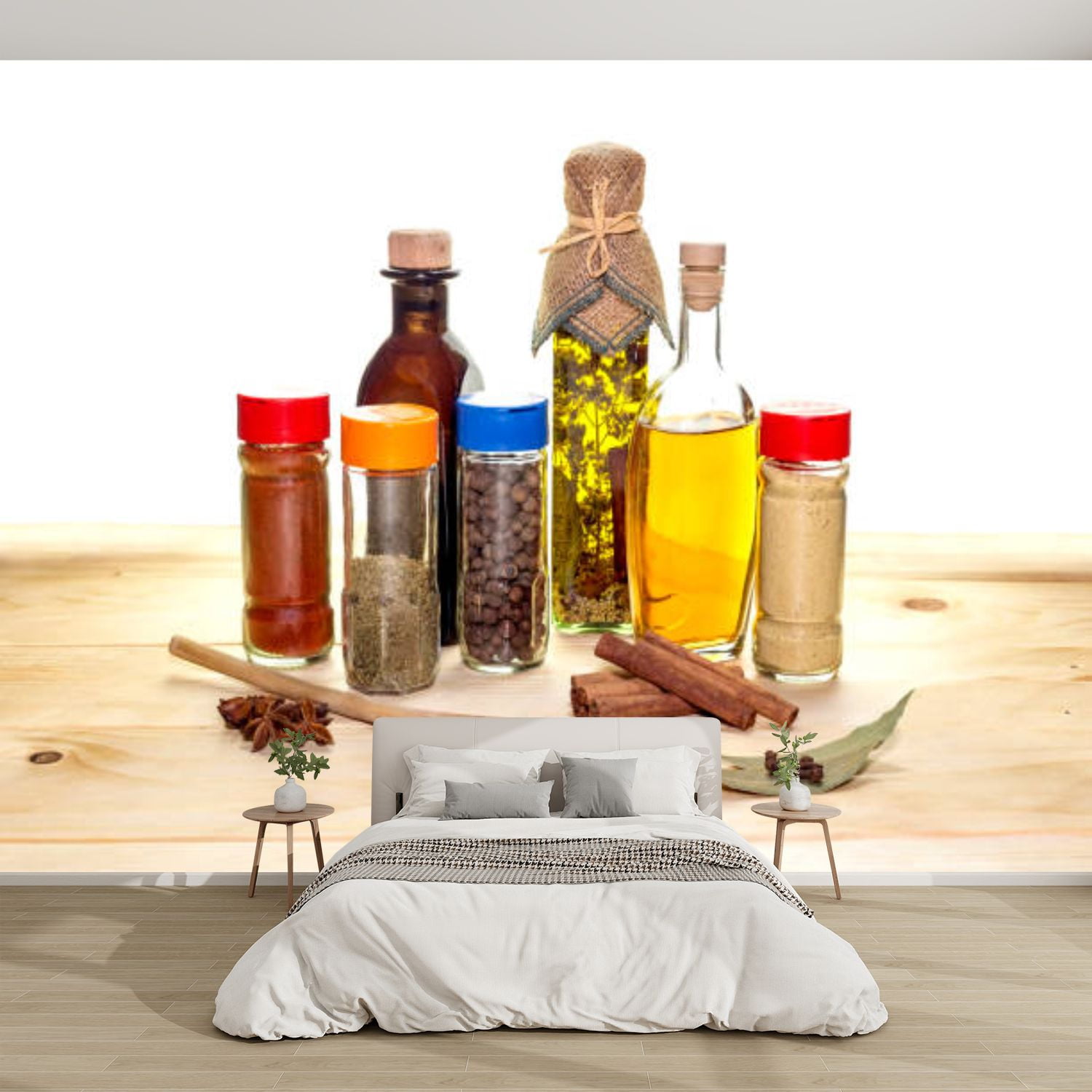 Modern Wallpaper Murals 3D The seasonings olive oil vinegar wooden ...
