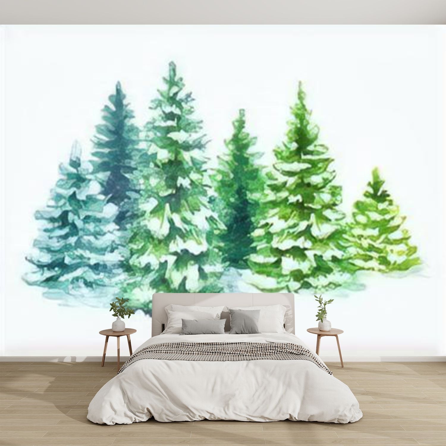 Modern Wallpaper Murals 3D watercolor snowy forest Christmas trees ...