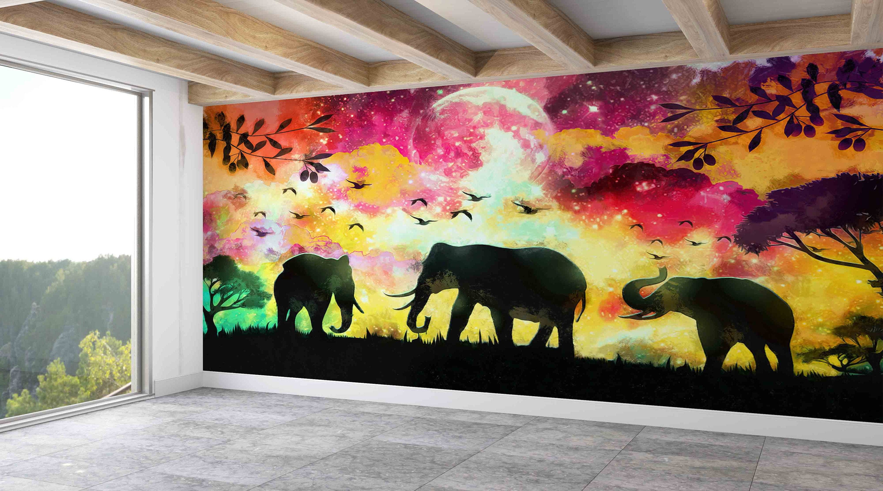 Modern Wallpaper, Paper Wall Art Bright Wallpaper, Full Moon Mural ...