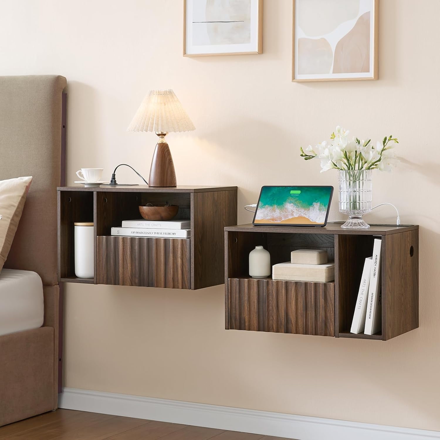 Modern Walnut Fluted Floating Nightstand with Charging Station ...