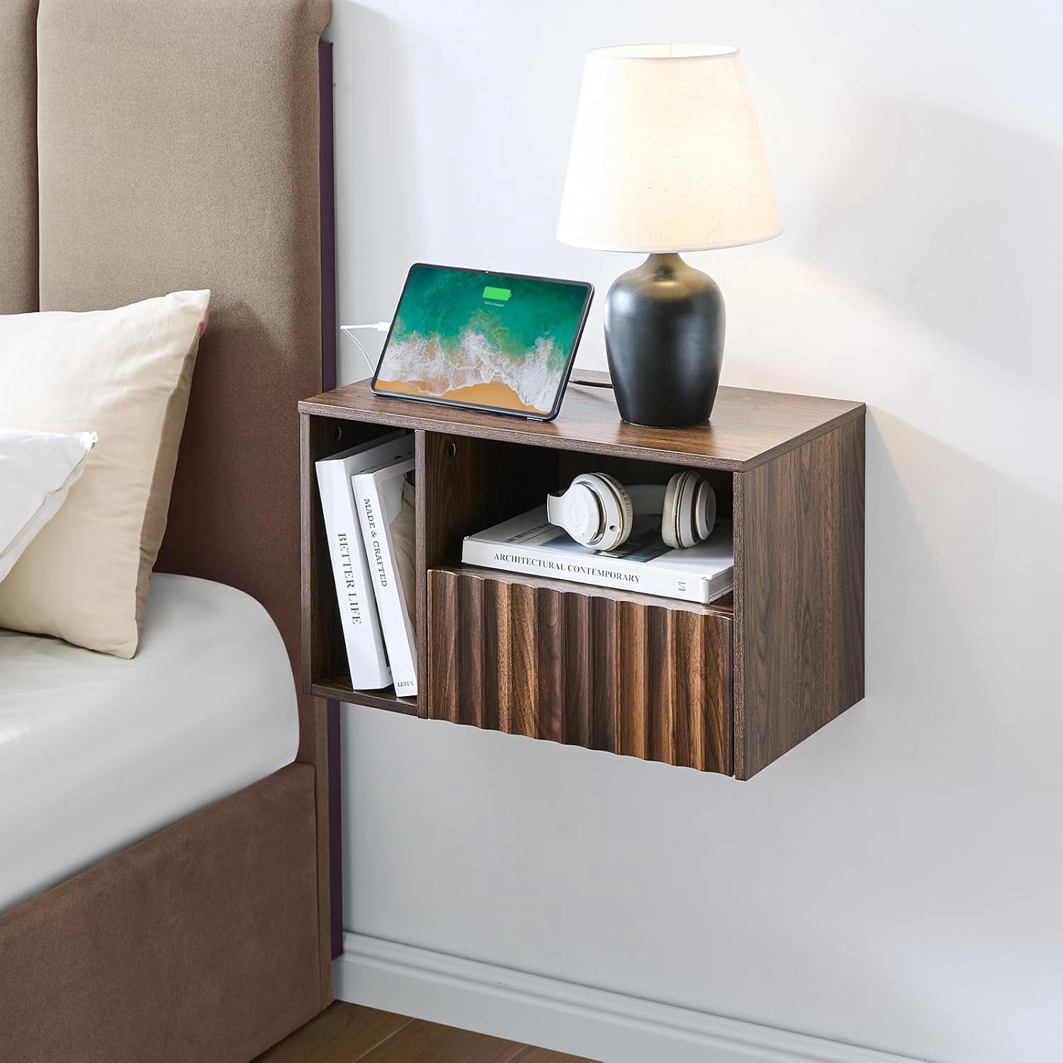 Modern Walnut Fluted Floating Nightstand with Charging Station ...