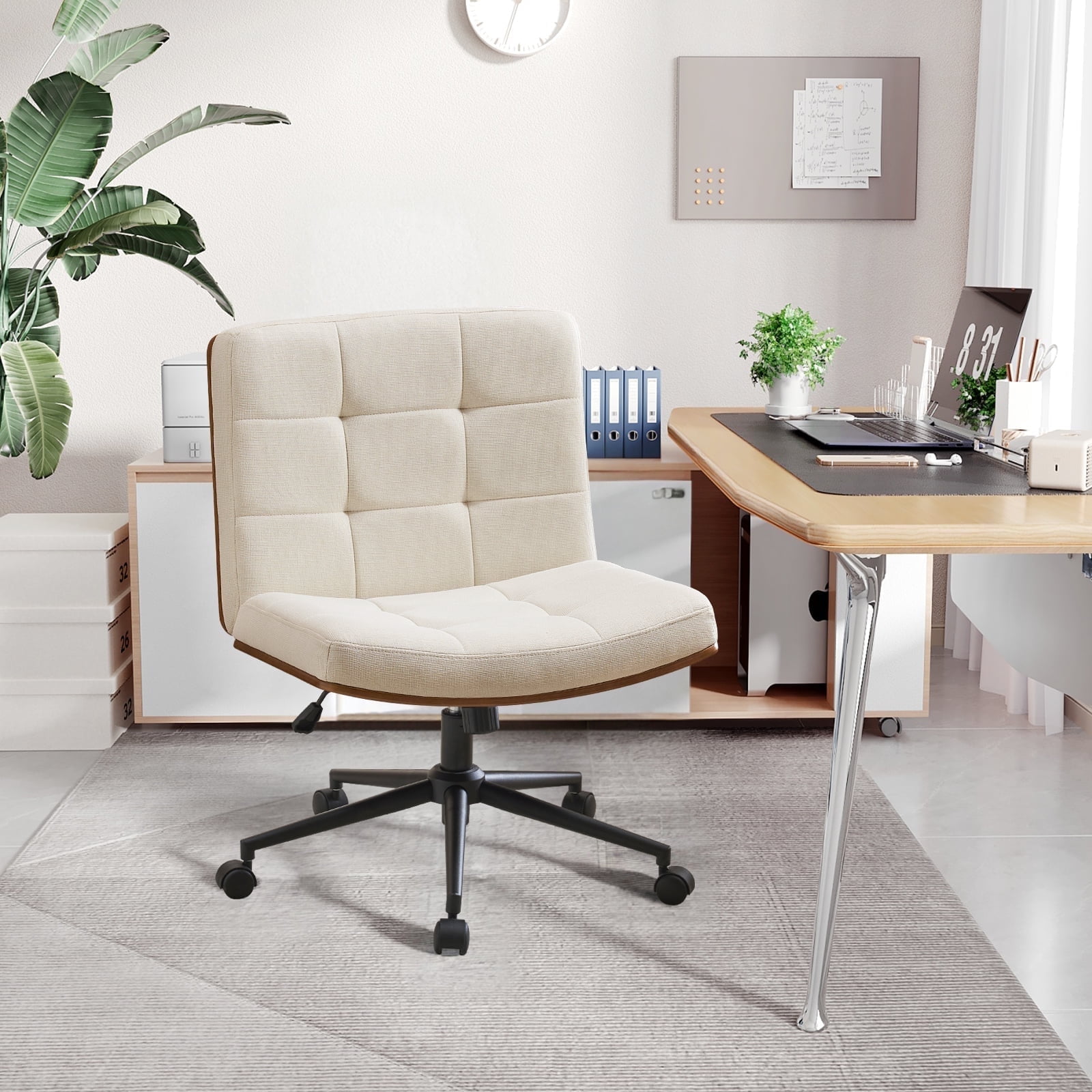 Modern Walnut Office Chair, Wide Seat Swivel Task Chair, Armless ...