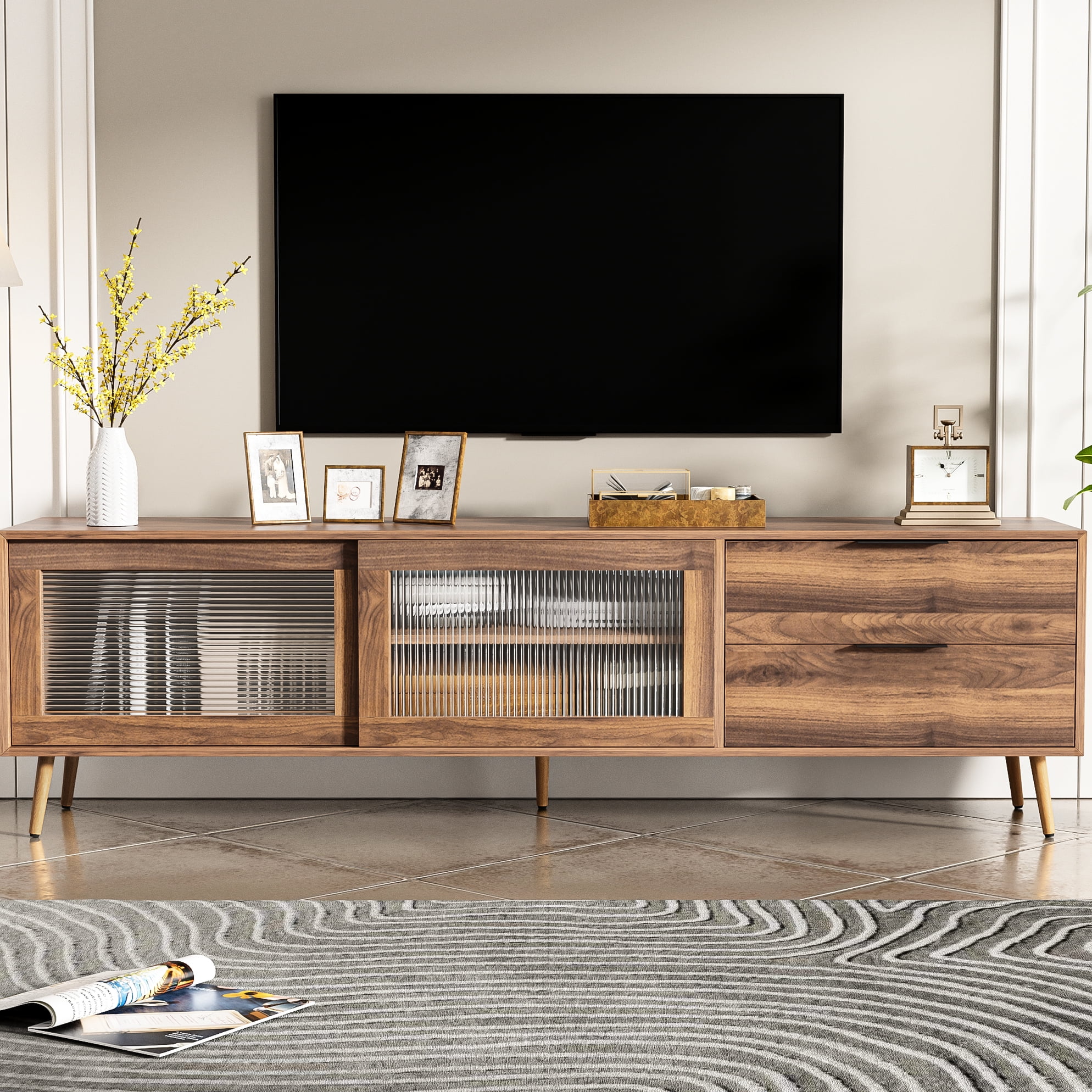 Modern Walnut Tv Console With Storage, 2 Glass Doors, Drawers, For 75"+ Tv, Living Room 70 ...
