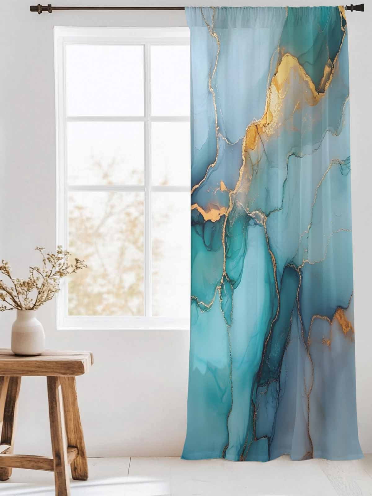 Modern Water Ripple Sheer Curtains 84 Inch Long 1 Panel Green Gold ...