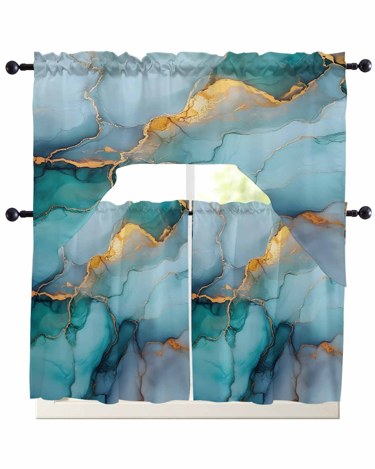 Modern Water Ripple Swag Valance and Tier Curtains Set Green Gold ...