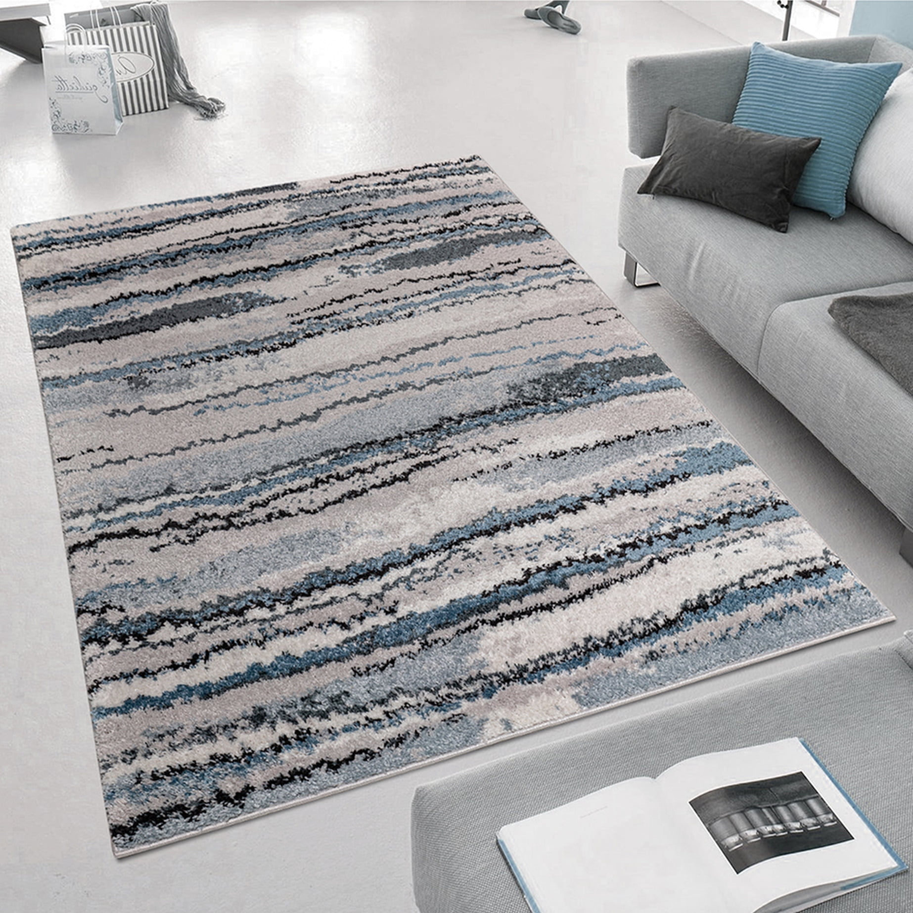 Modern Watercolor Area Rug, Abstract Stripe, Blue Color, High Pile ...