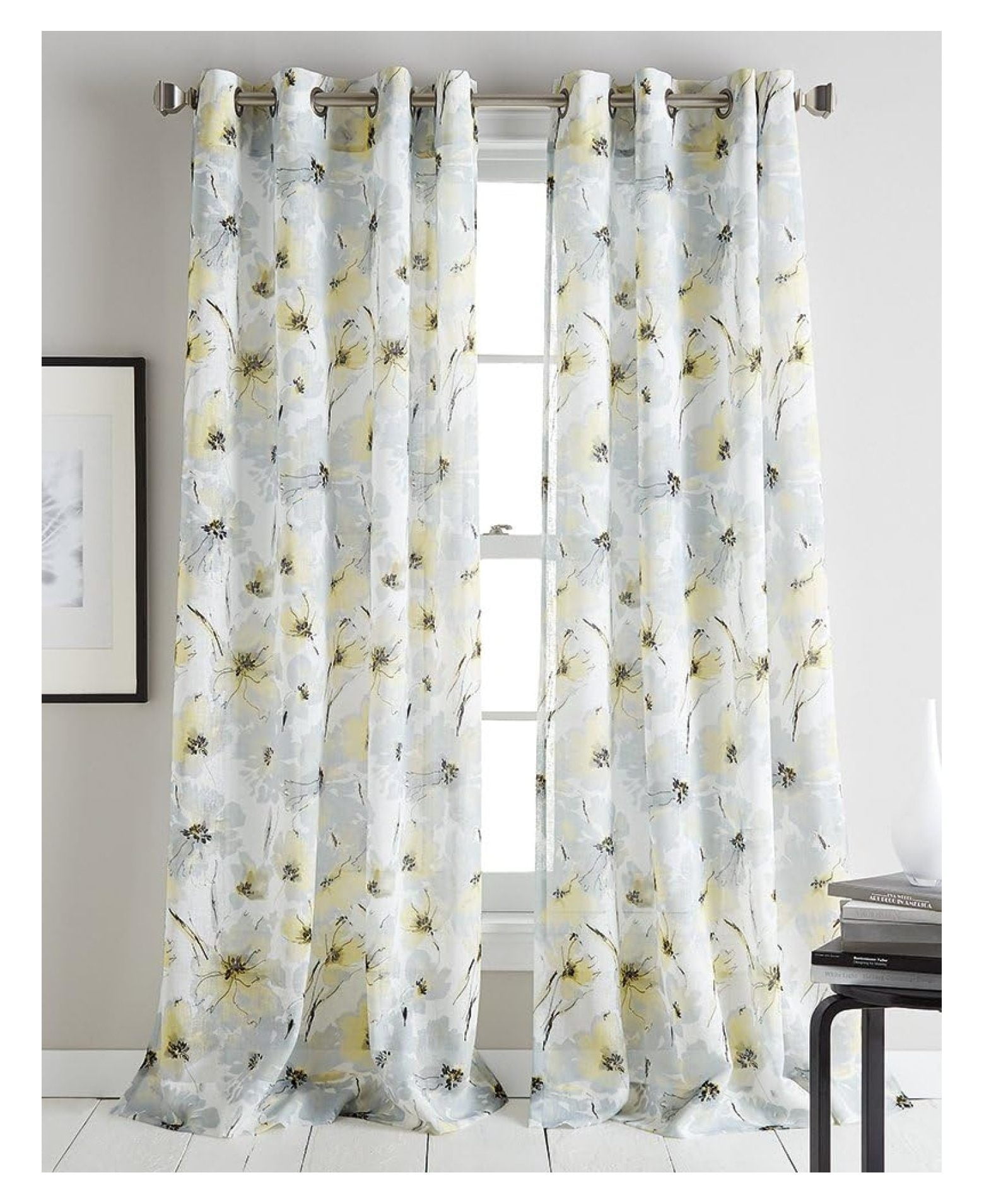 Modern Watercolor Floral Sheer Grommet Window Curtain Single Panel, 84 ...