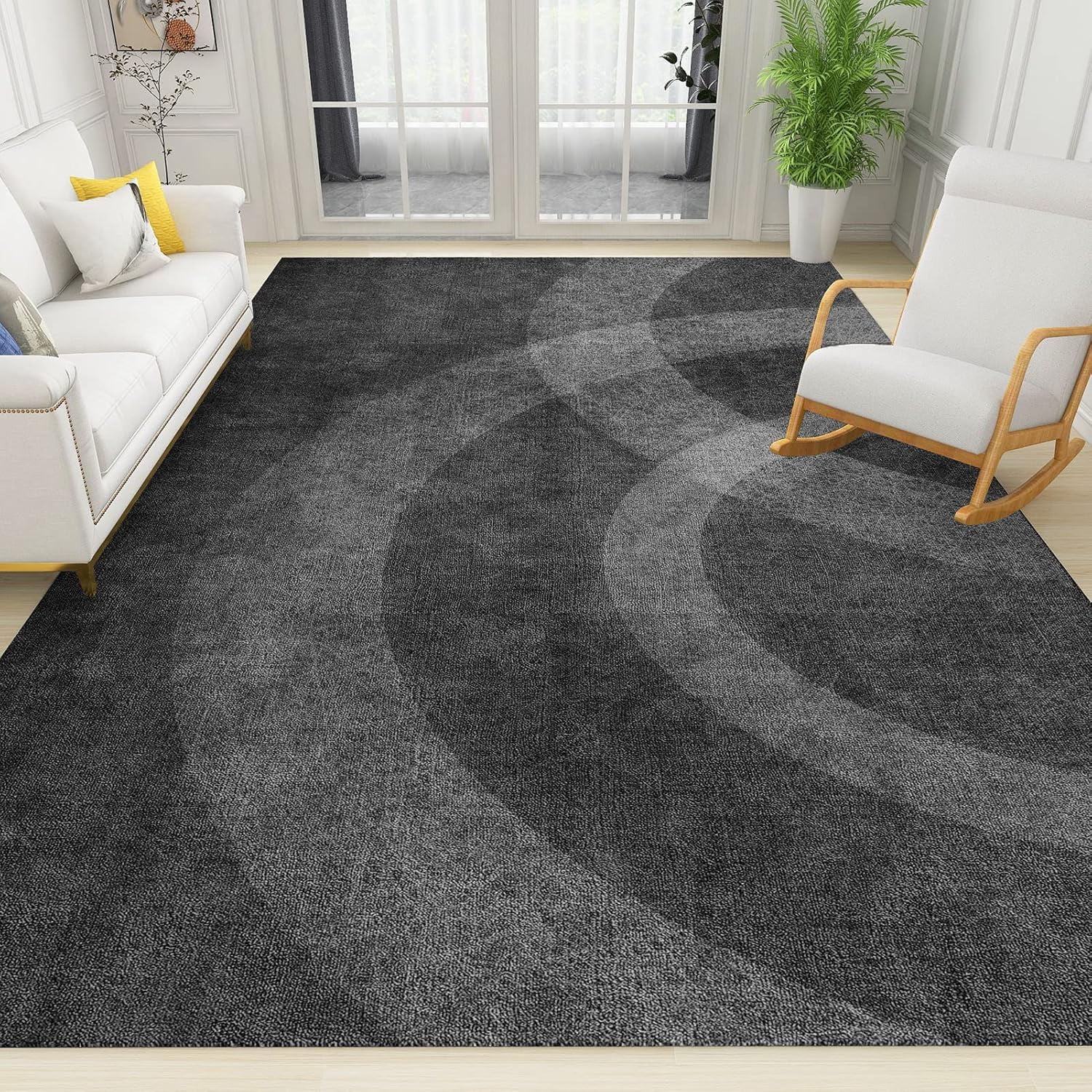 Modern Wavy Area Rug, Black and Grey Large Rugs, Easy Clean Carpet ...
