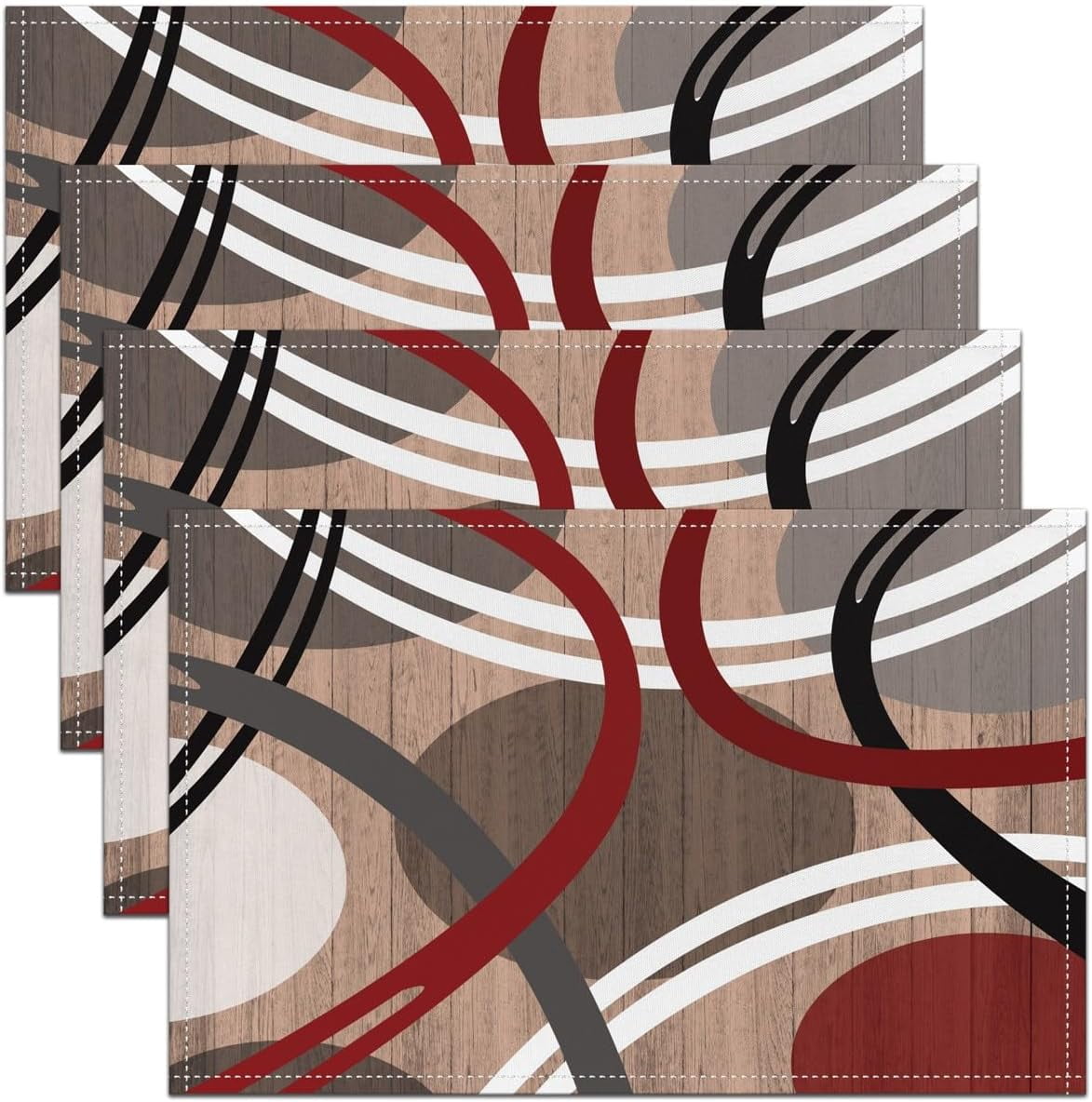 Modern Wavy Circles Design Placemats Set of 4 12"x18" Red Grey ...