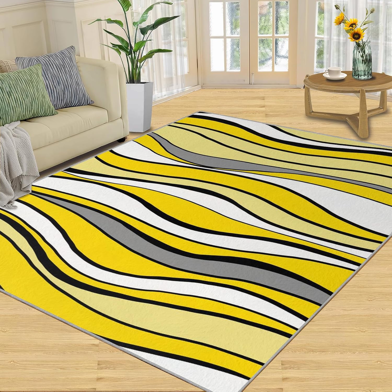 Modern Wavy Stripes Rug, Yellow-Gray Bedroom Rug, Low Pile Non-Slip ...