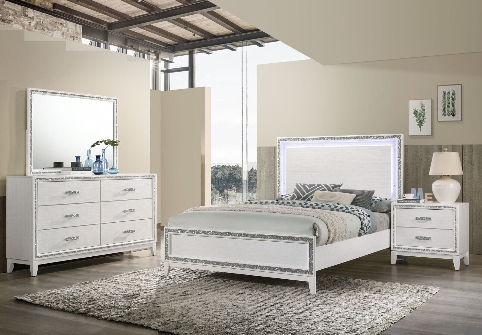 Modern White 5pc Bedroom Set Queen Bed Nightstands Dresser Mirror Panel ...