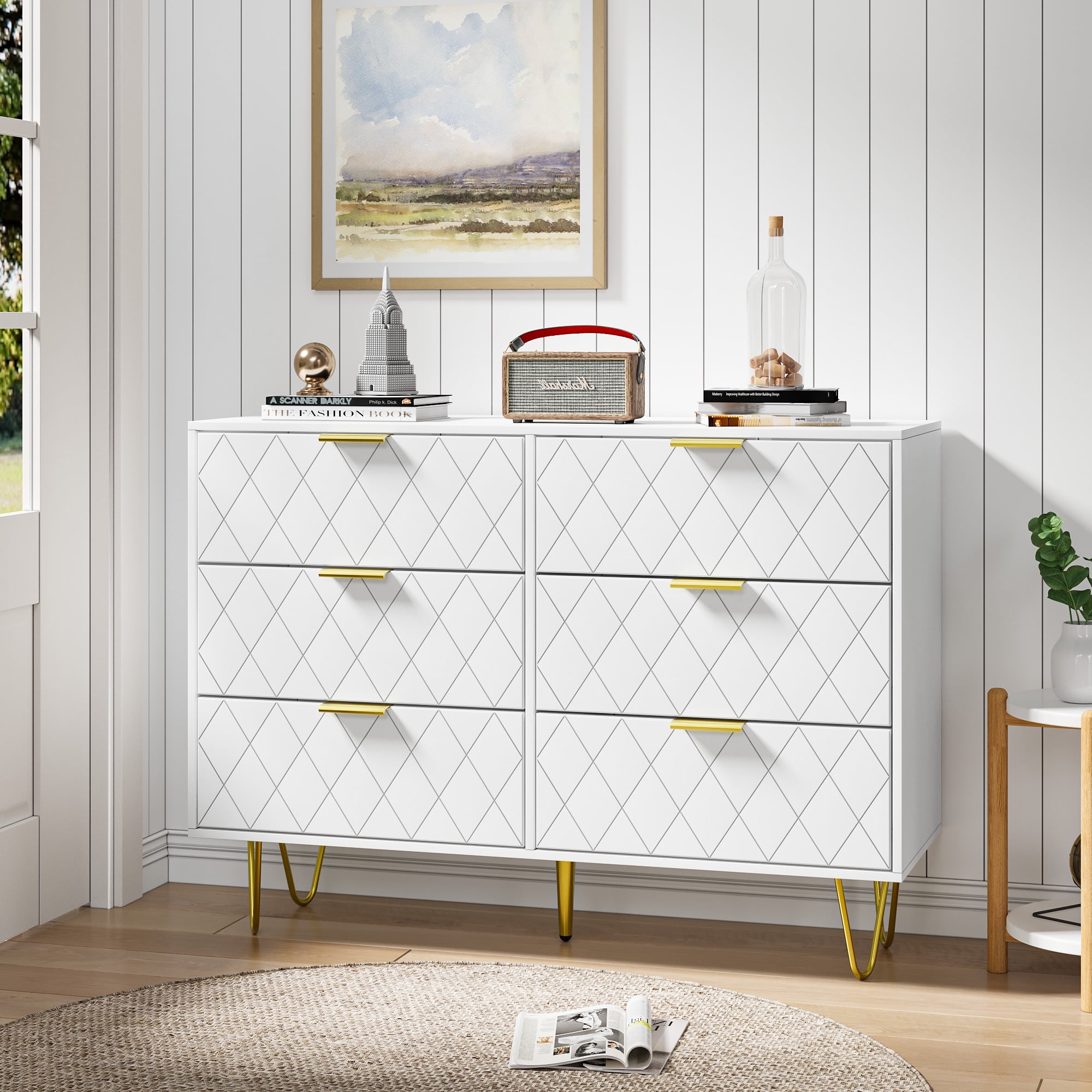 Modern White 6 Drawers For Bedroom, Small Size Wooden Drawers With Gold ...