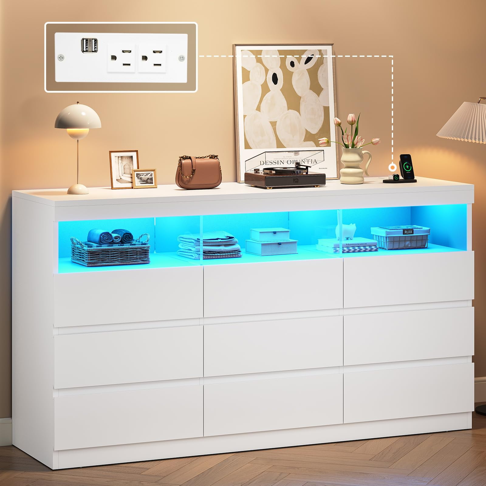Modern White 9 Drawer Dresser with LED Lights and Power Outlet, 56.7" W ...
