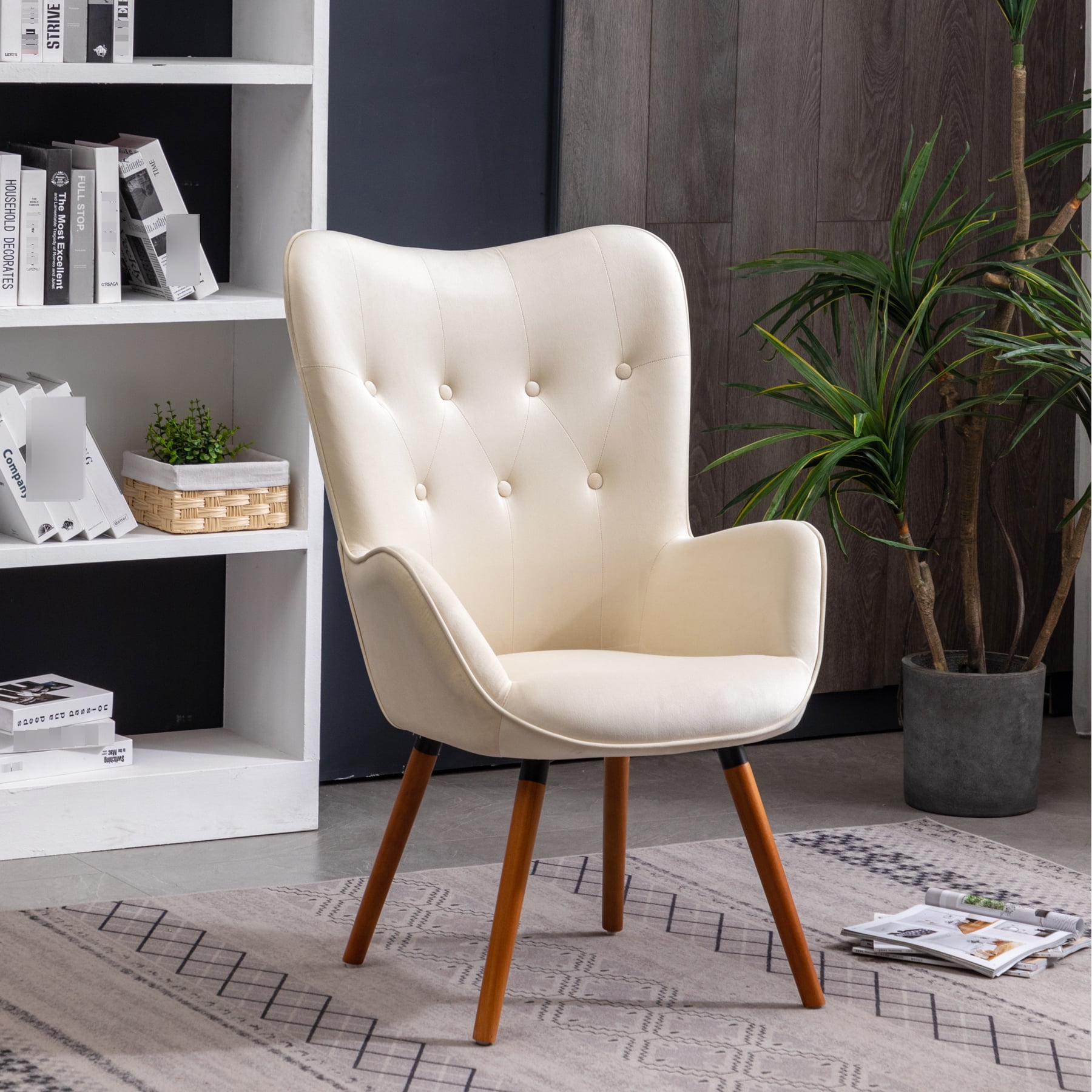 Modern White Accent Chair - Velvet Upholstery, Wood Frame Legs Button ...