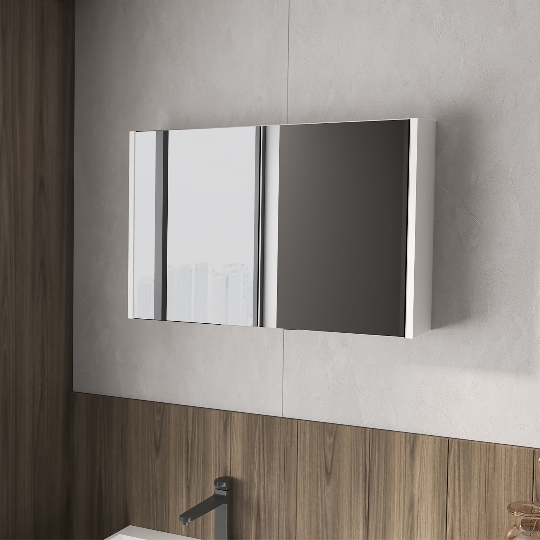 Modern White Bathroom Locker With Mirrored Doors And 3 Shelf Spaces ...