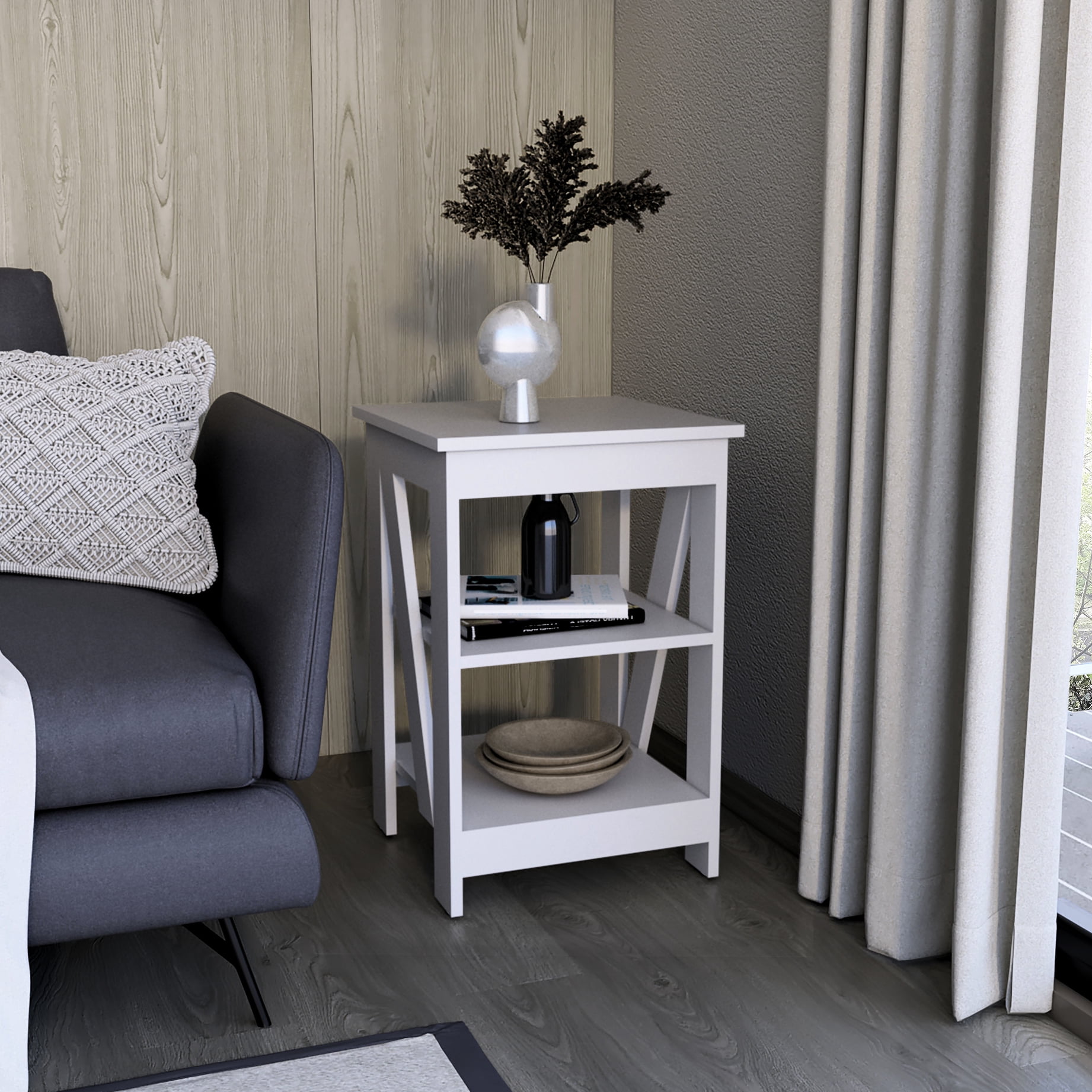 Modern White Bedside Table With 3 Practical Storage Snack Table ...
