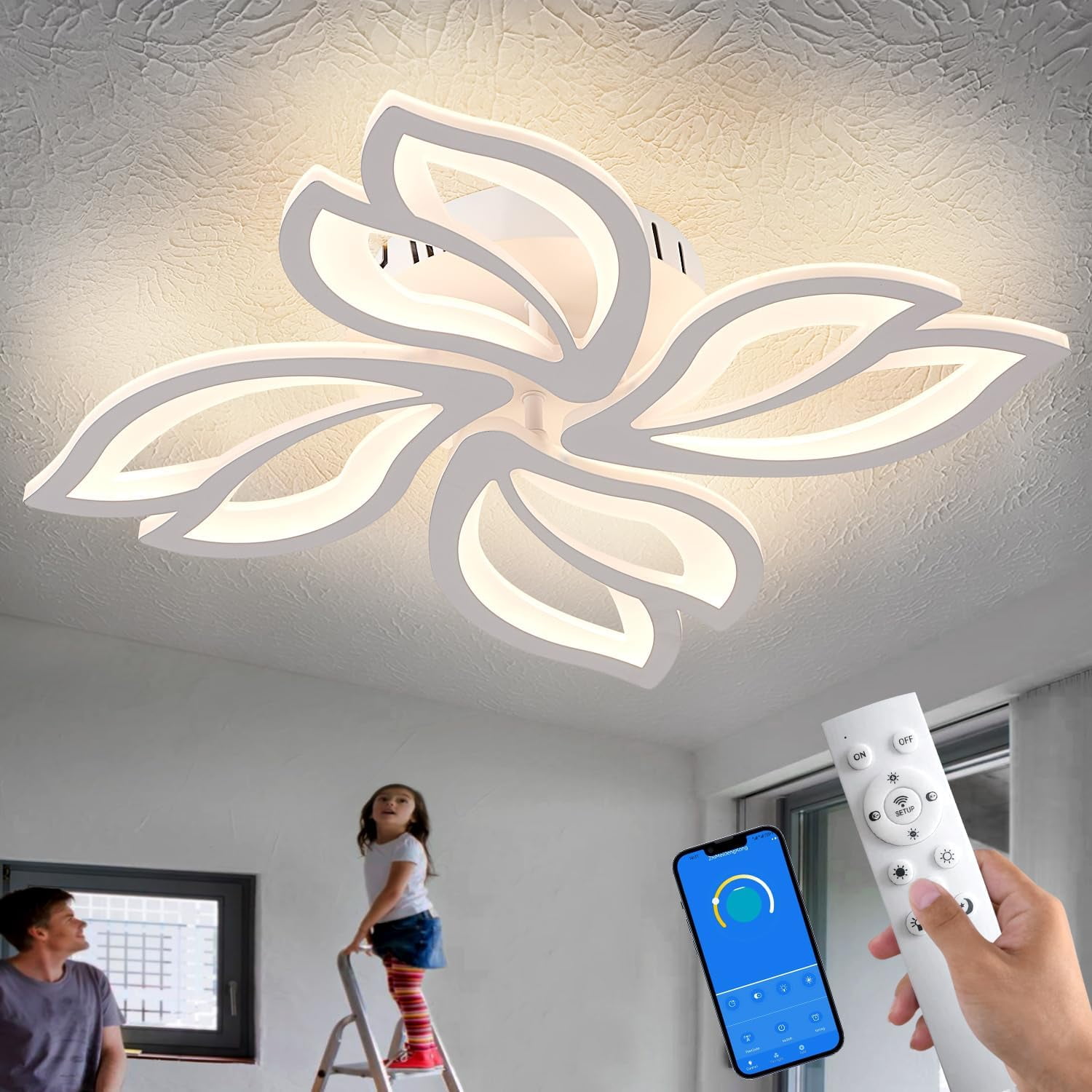 Modern White Ceiling Light Fixture, 22" Flower Dimmable LED Light ...