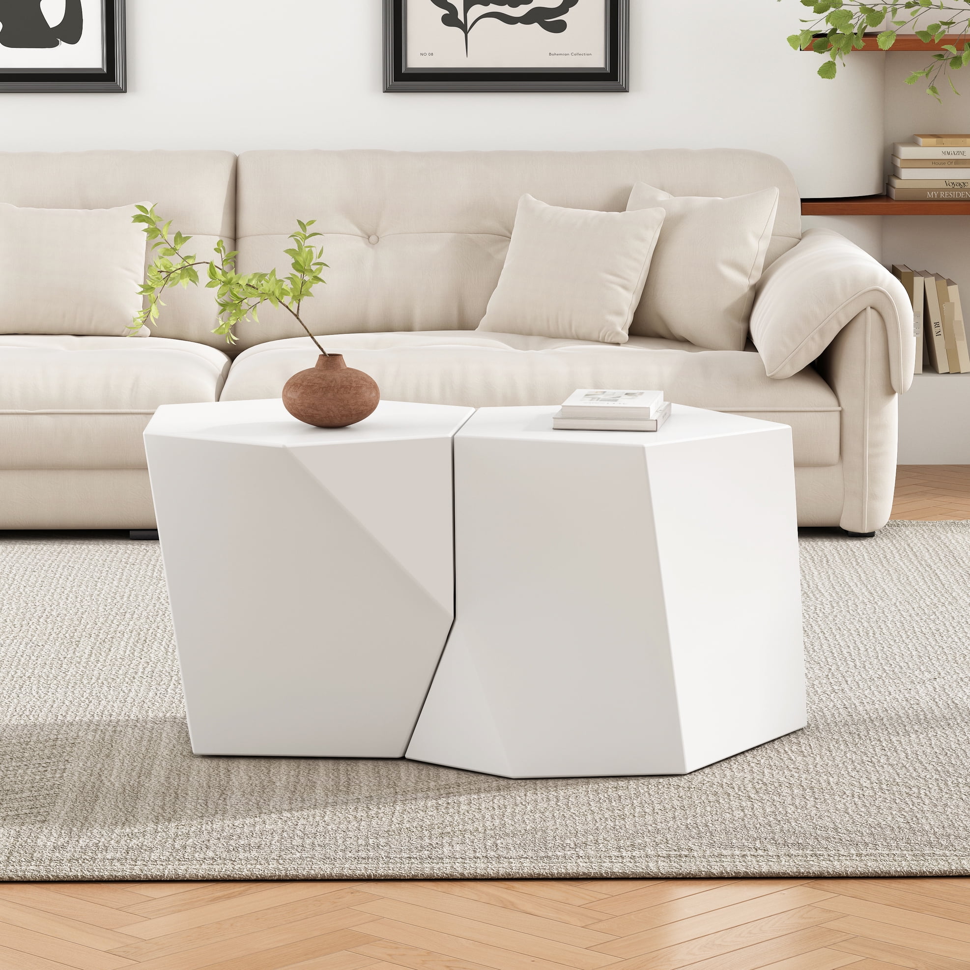 Modern White Coffee Table , Geometric Design, Functional For Decorative ...