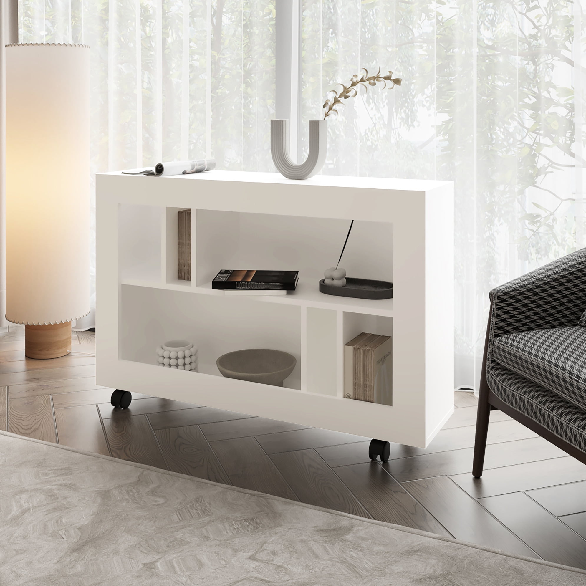 Modern White Console Table For Home Decor With Open Storage And Mobility Rectangular Scratch ...