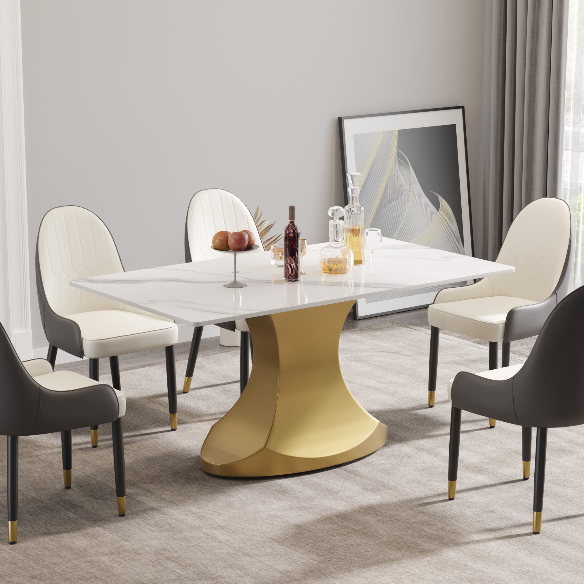 Modern White Dining Table with Golden Curved Stainless Steel Legs ...