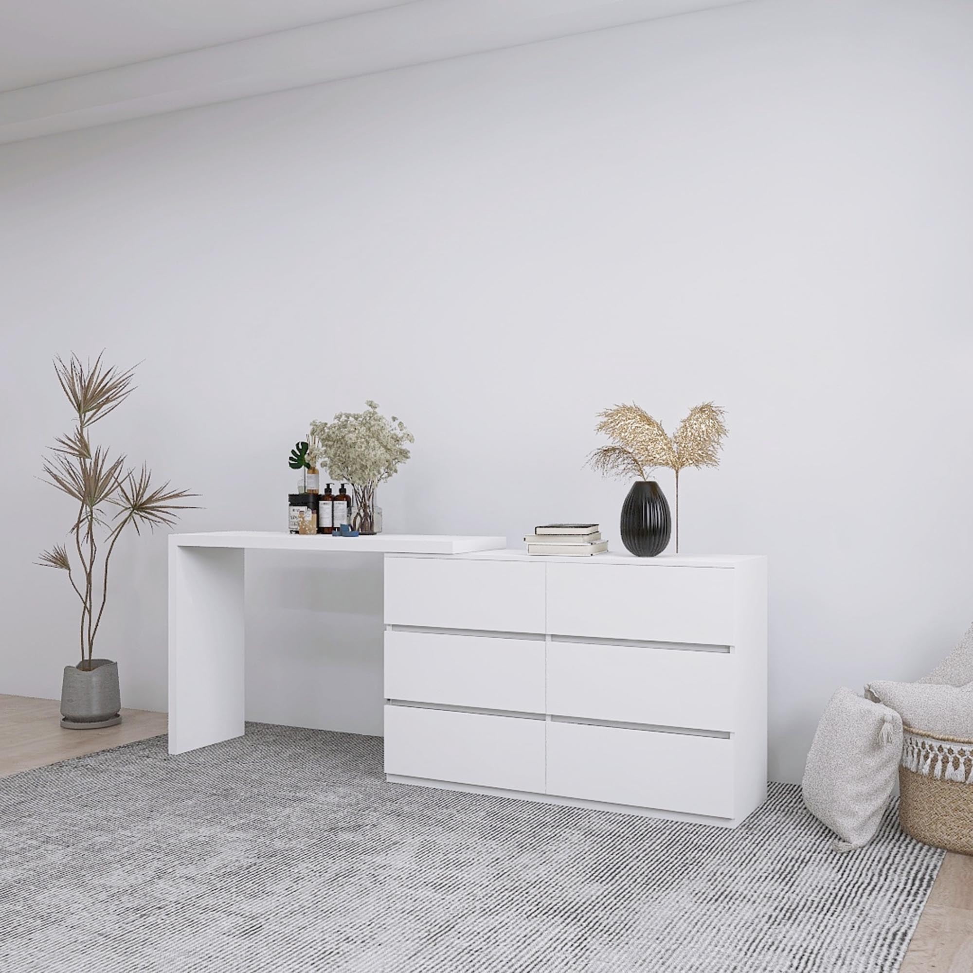 Modern White Dressing Table with 6 Drawers, Retractable Desktop ...