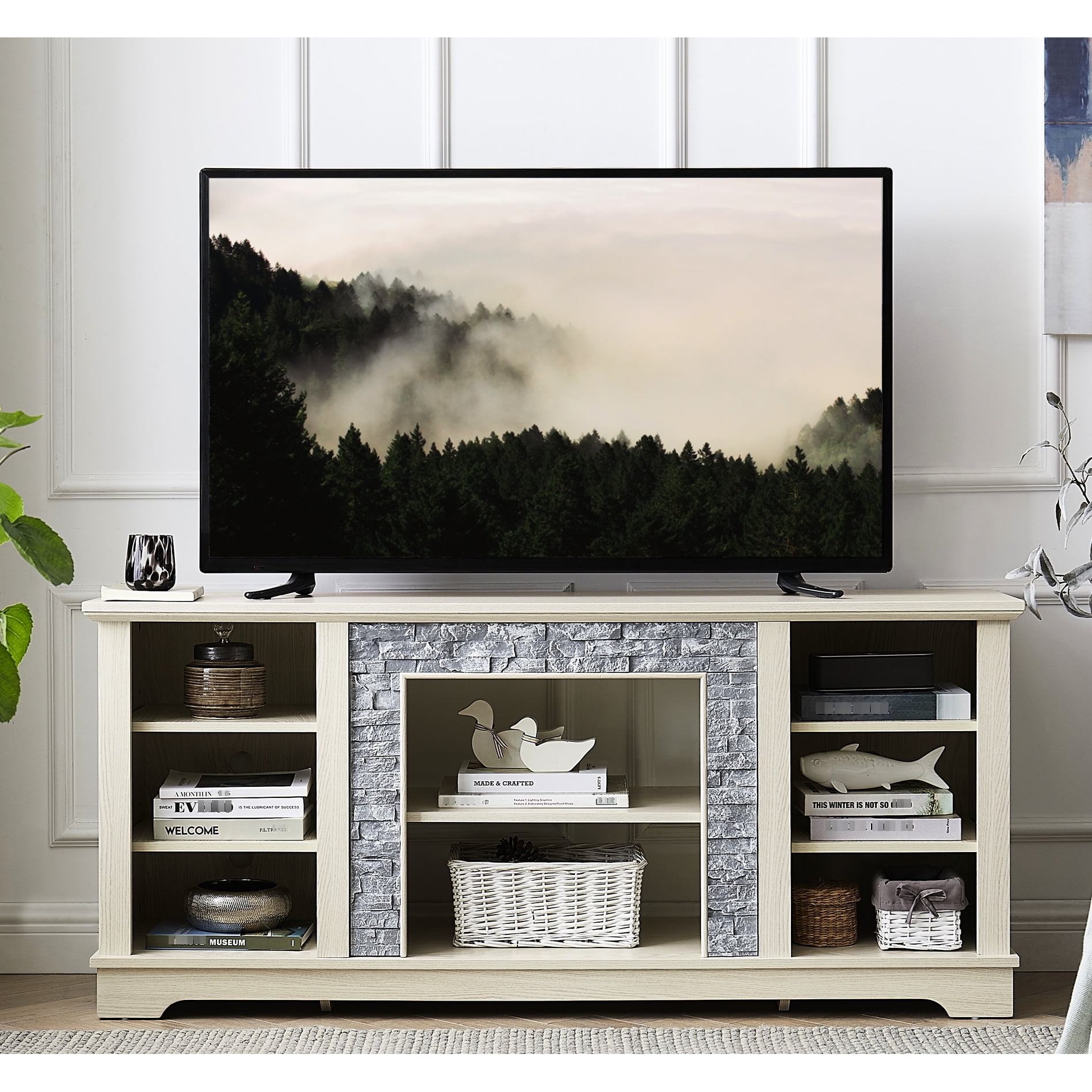 Modern White Entertainment Center With Faux Stacked Stone And Versatile ...